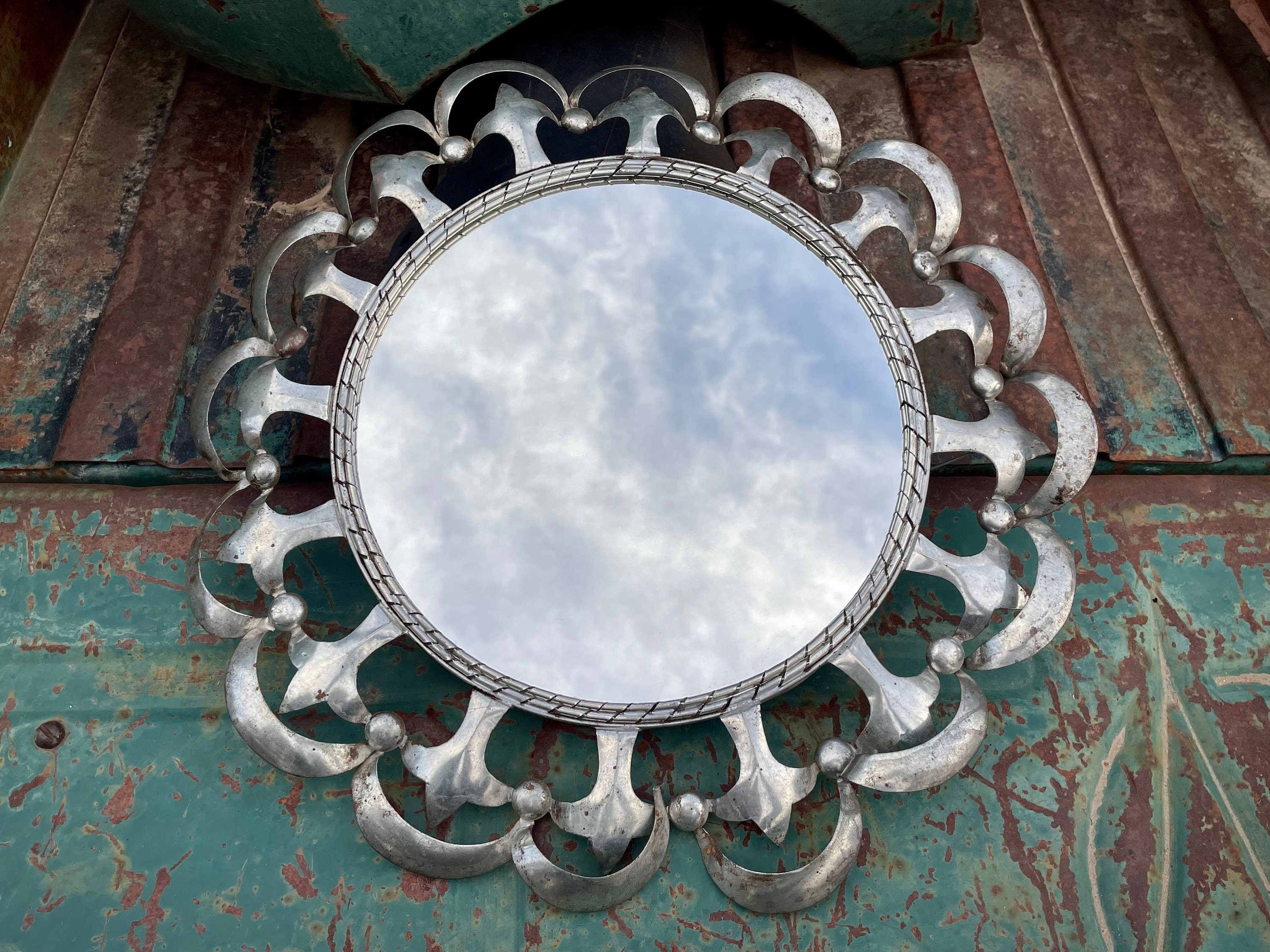 Distressed Mexican Cut Tin Framed Round Mirror for Wall, Rustic ...