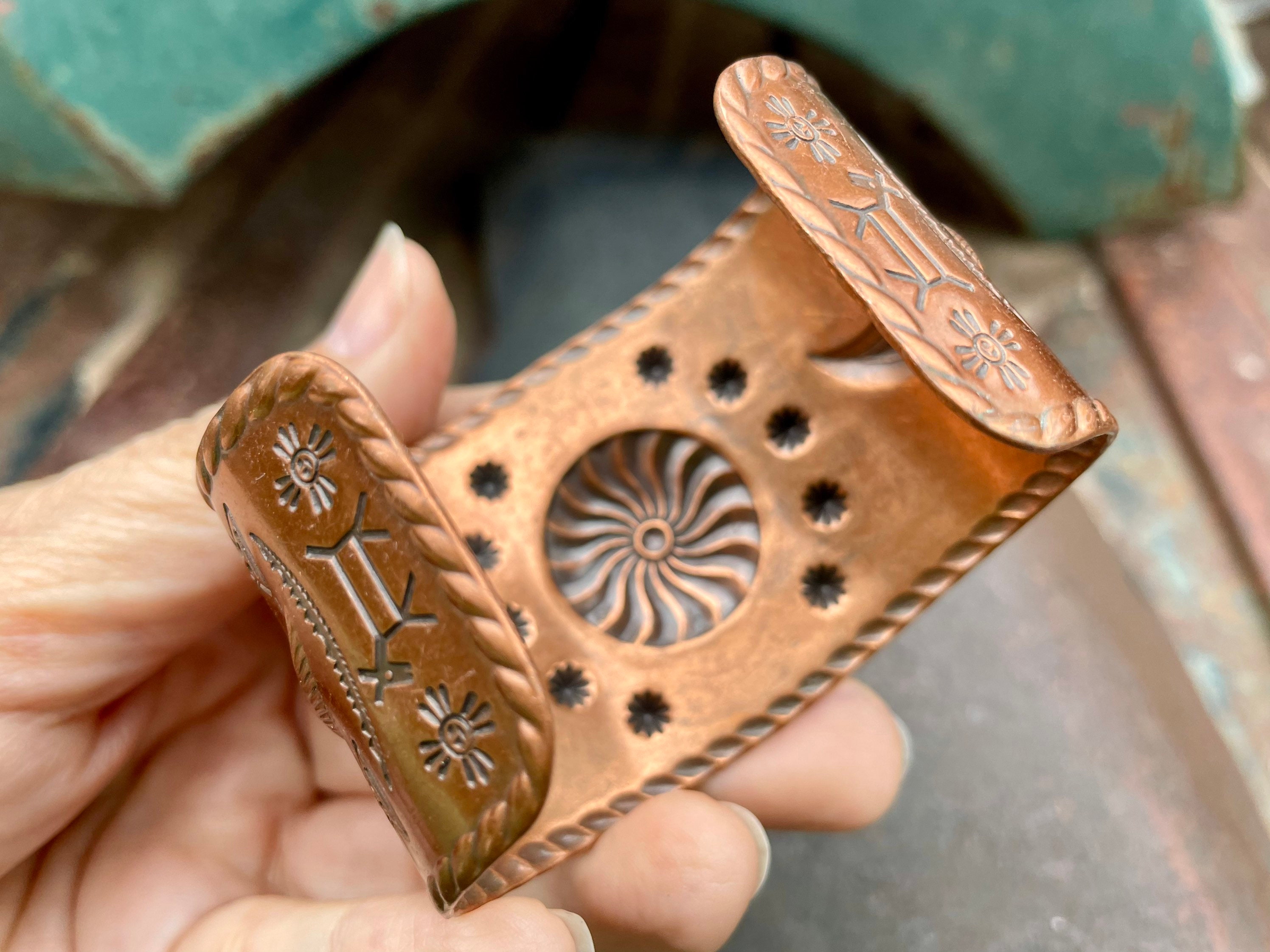 Vintage Bell Trading Stamped Copper Bracelet w/ Fred Harvey Era Symbols ...
