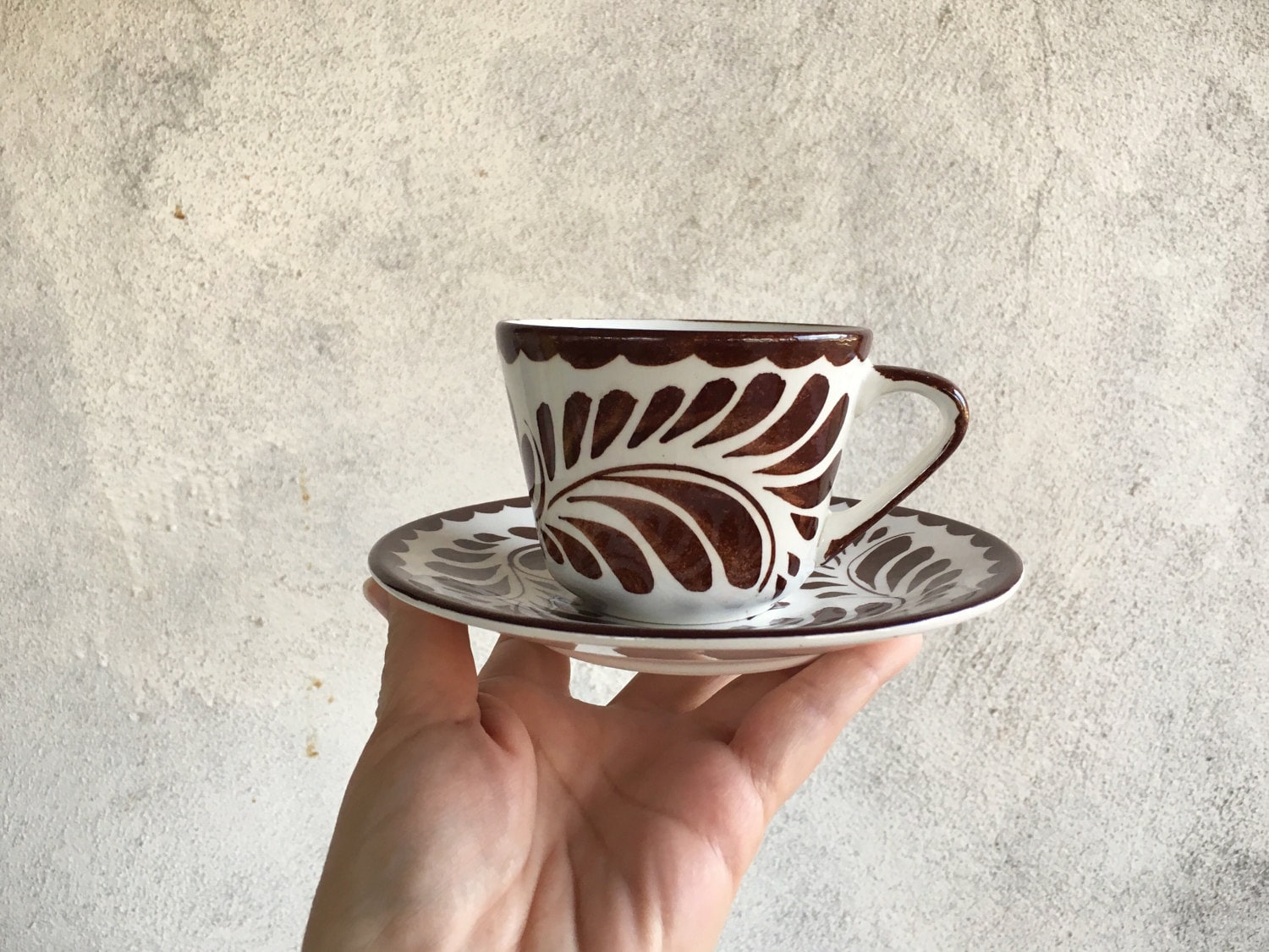 Vintage Mexican Anfora Puebla Brown cup saucer, Anfora flat cup, brown ...