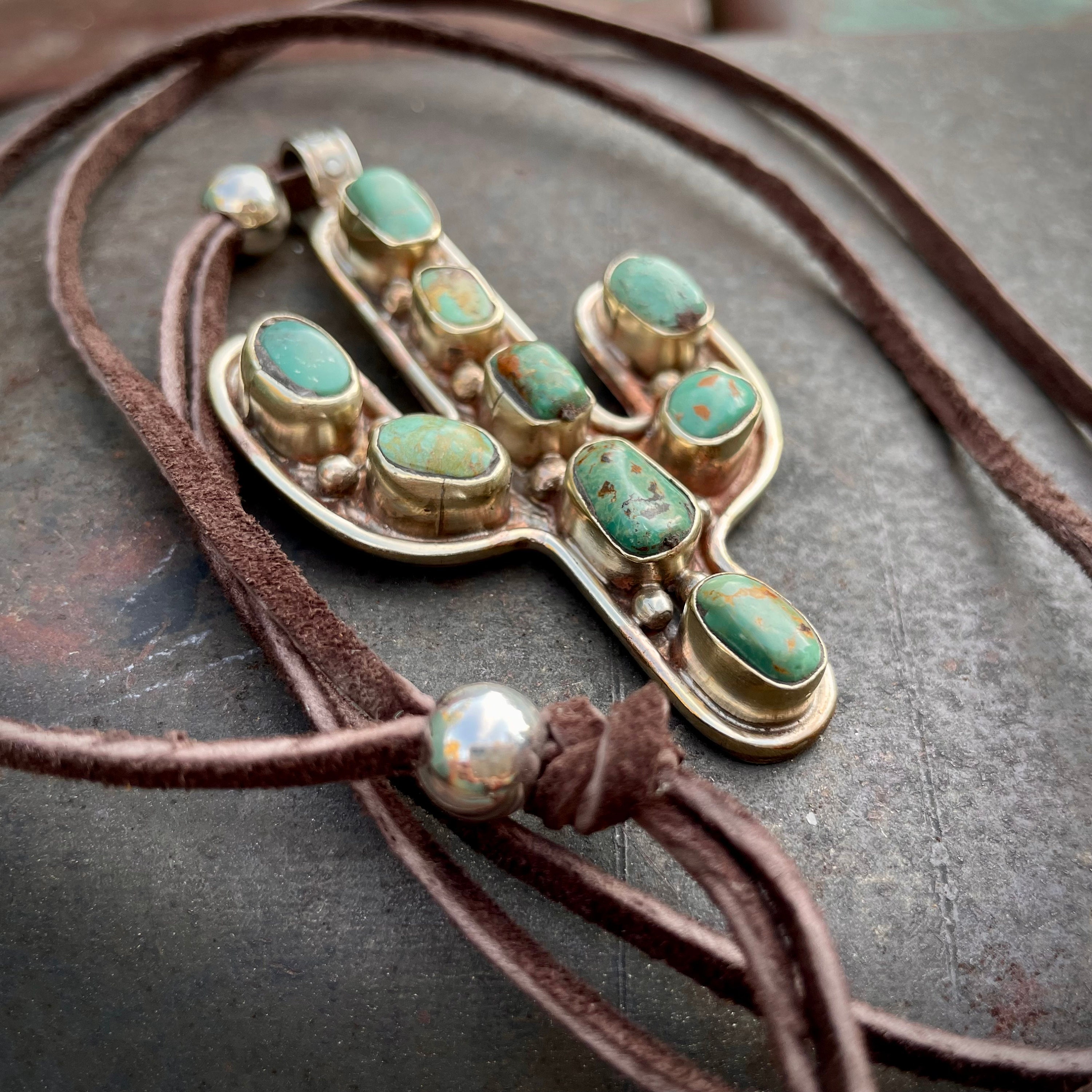 Large Tibetan Turquoise Cactus Cluster Pendant on Leather Strap Chain ...