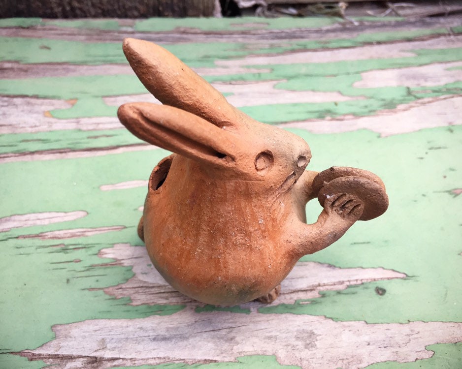 Small Mexican Pottery Bunny Figurine Whistle Weed Vase, Folk Art ...