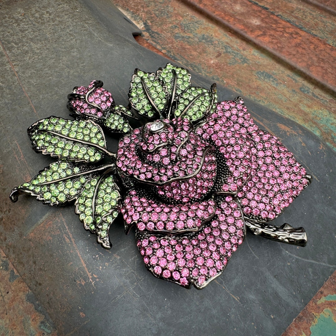 Massive Vintage Janus Costume Jewelry Pink and Green Crystal Flower ...