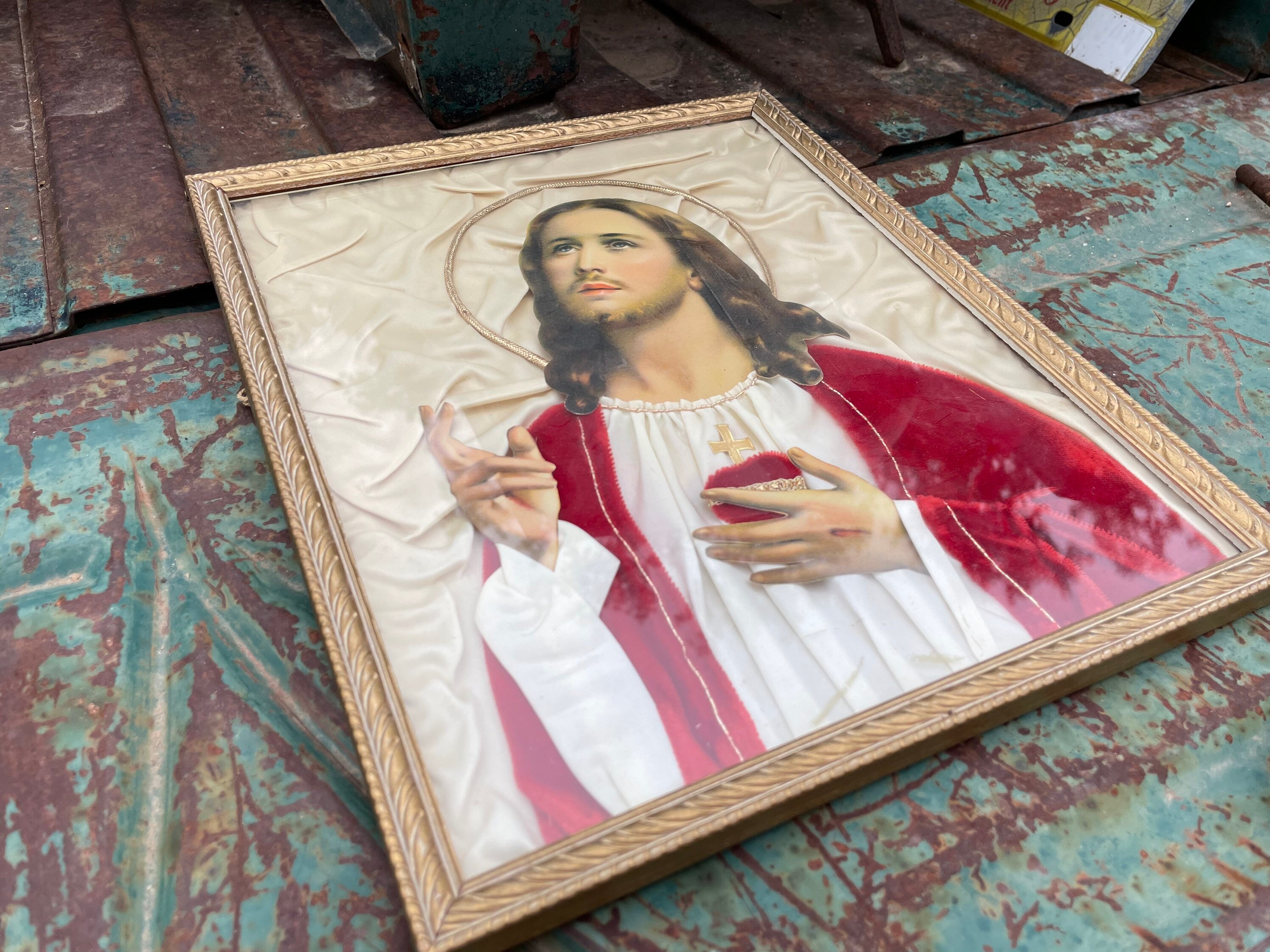 Vintage Jesus Christ Sacred Heart Homemade Fabric Wall Hanging, Altar ...