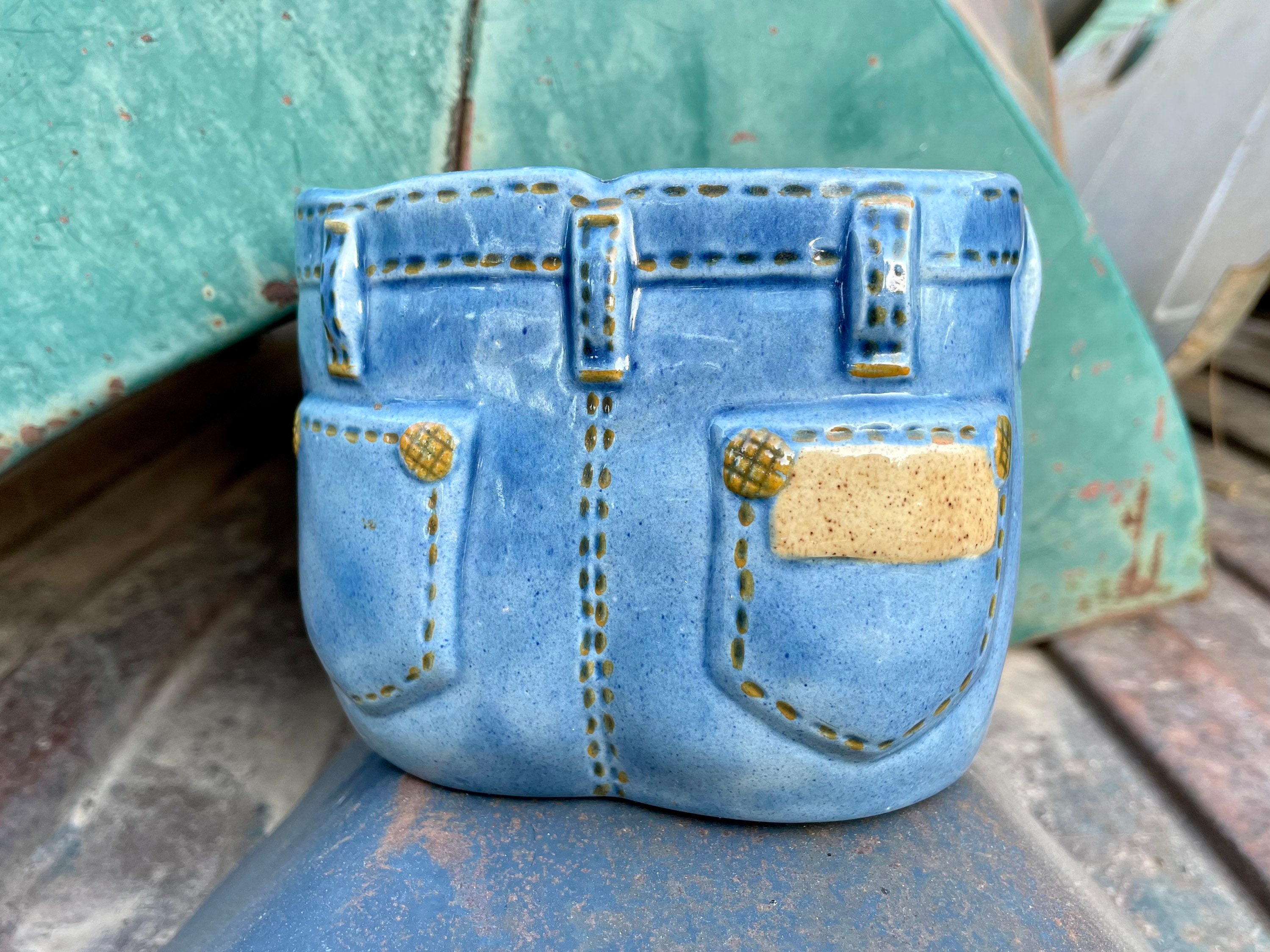 Pair of 1970s Denim Jean Ceramic Planter Vase or Pencil Holders, Retro ...