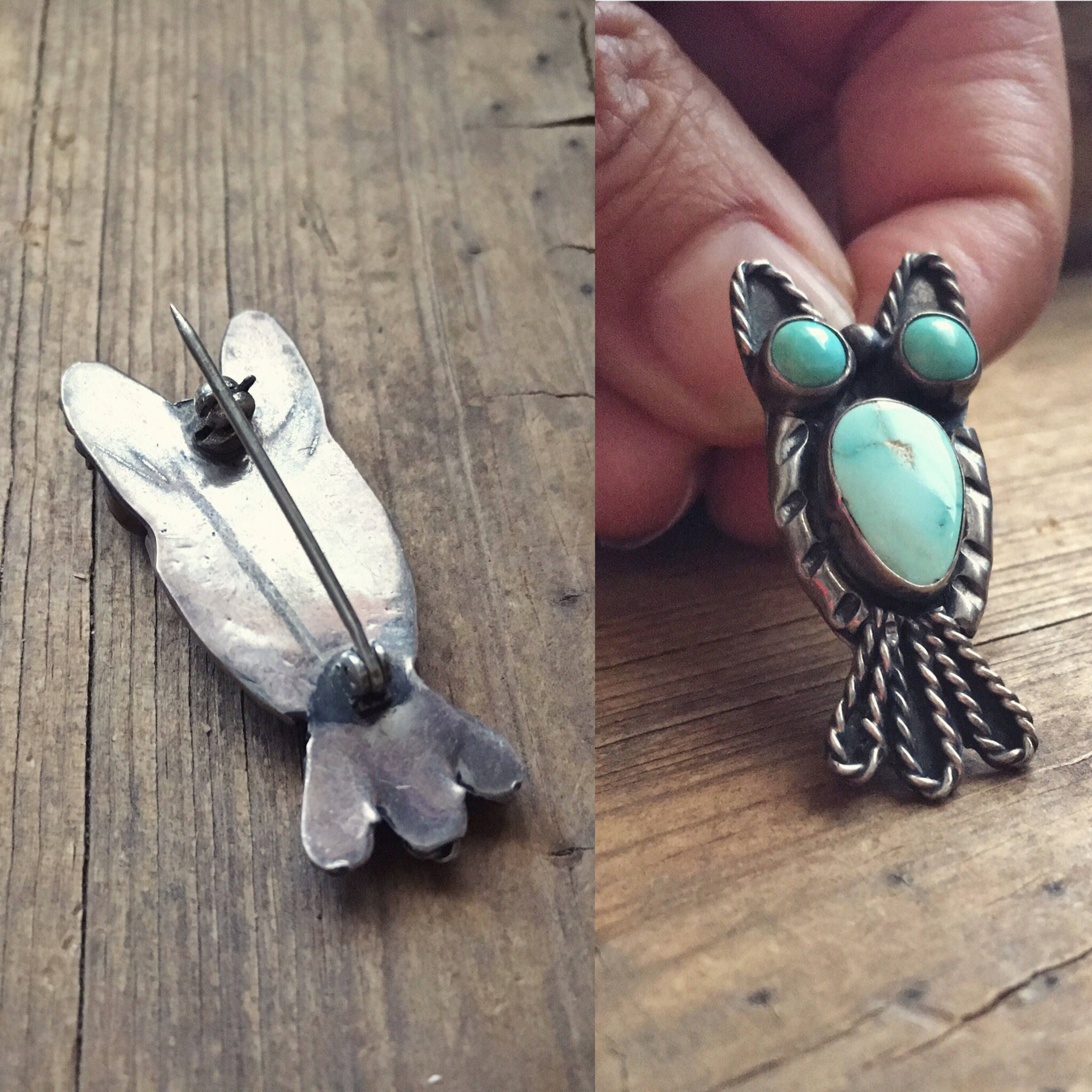 Vintage 1-1/2 owl brooch with old light blue turquoise and silver owl ...