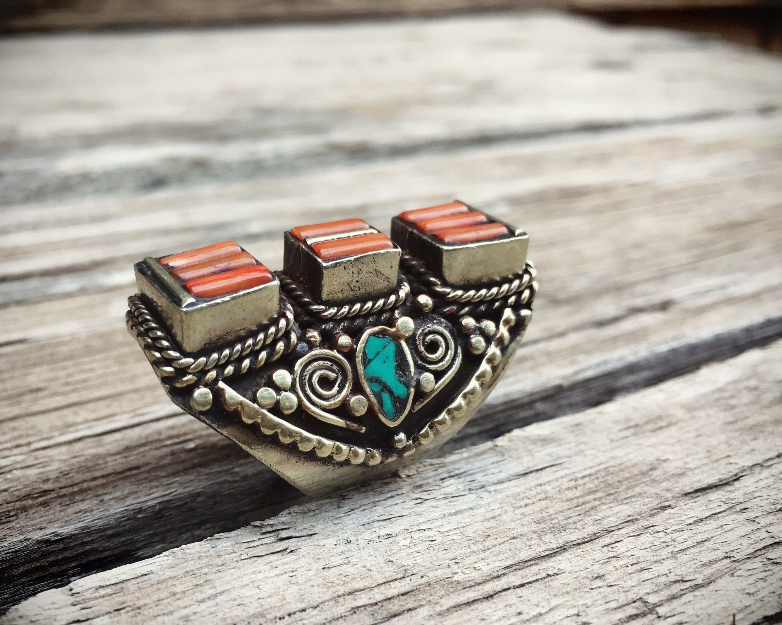 Large Vintage Tribal Ring for Women Size 7.75 Coral Turquoise German ...