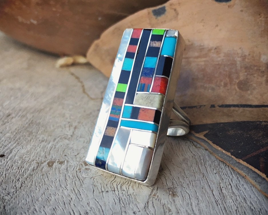 Channel Inlay Turquoise Ring Size 9.5 Multi Stone Sterling Silver Santo ...