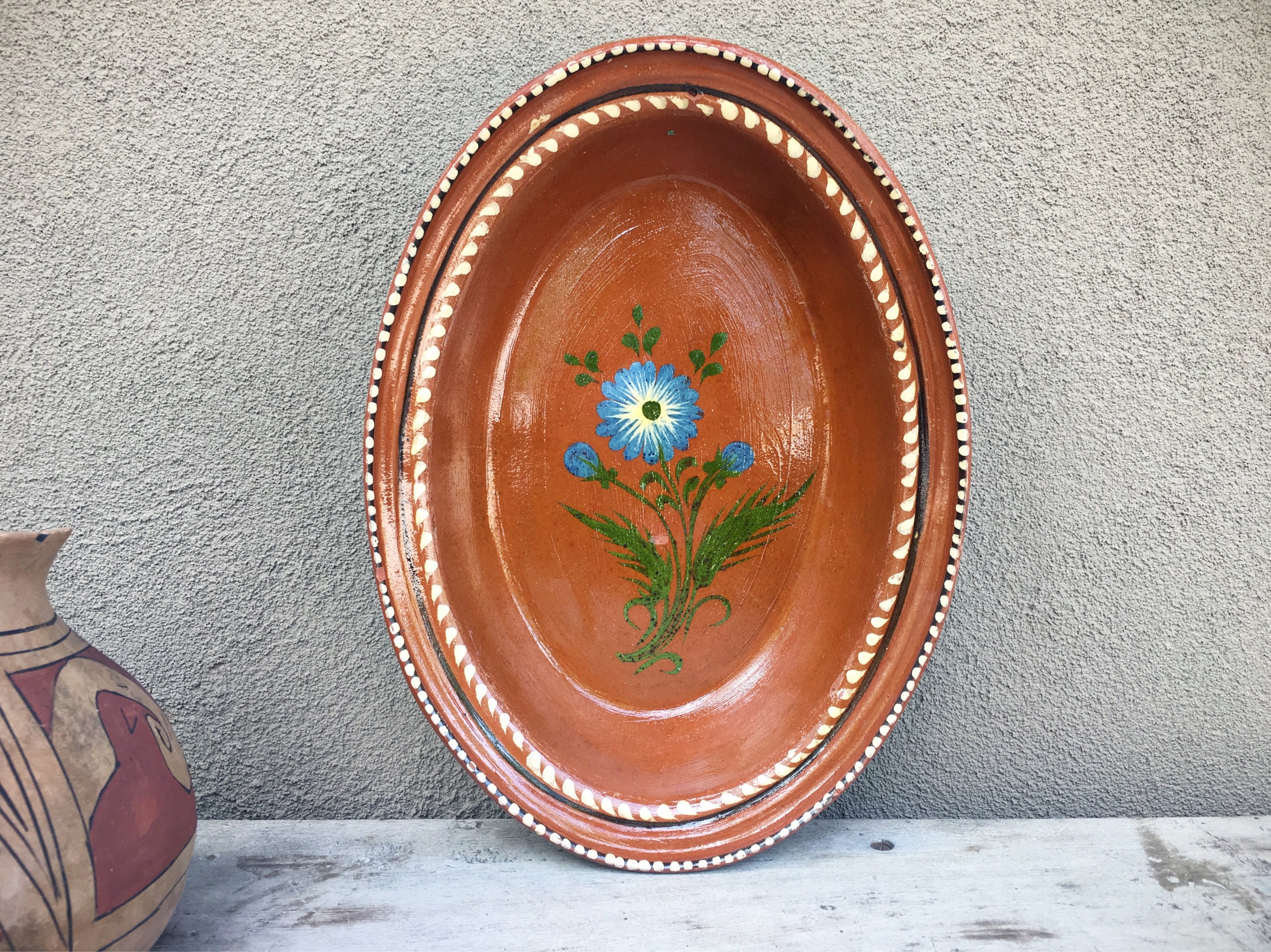 Mexican Pottery Oval Dish Blue Flower Decor Capula Michoacan Redware ...