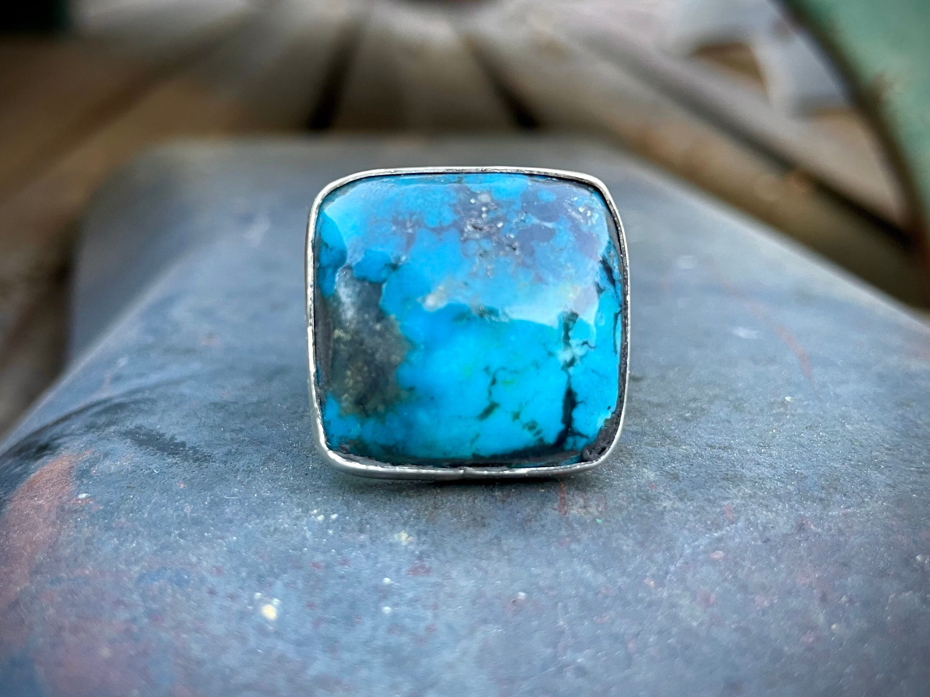 Bisbee Turquoise Square Ring by Navajo Xavier Bailon, Approx Size 9 ...