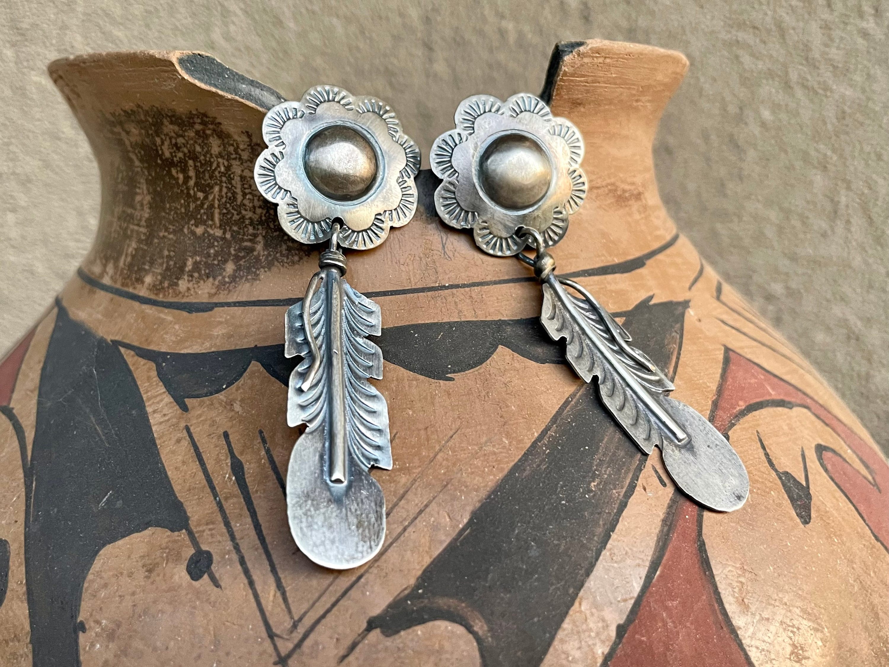Lightweight Silver Concho Post Earrings with Feathers, Navajo Native ...