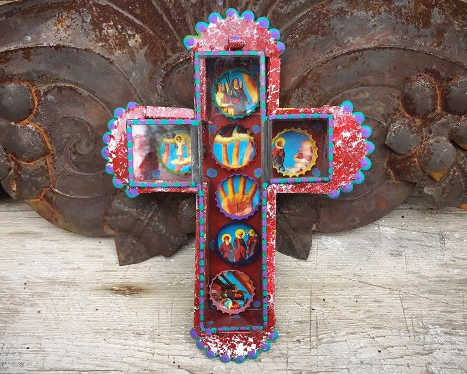 Mexican Tin Nicho Cross Wall Hanging with Bottle Cap Prints, Folk Art ...