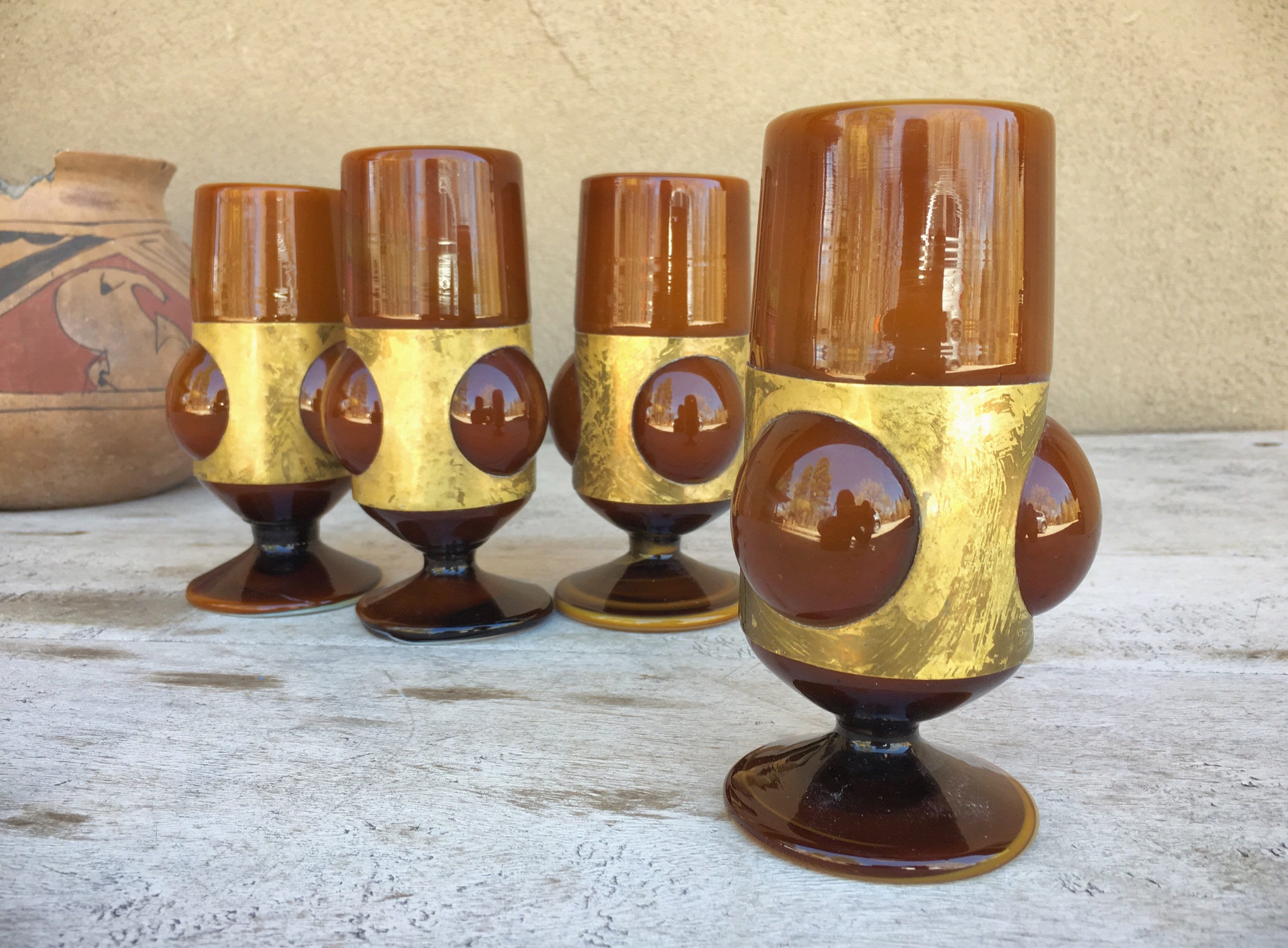 Set of Four Hand Blown Caged Glasses Mexican Glassware, Brutalist ...