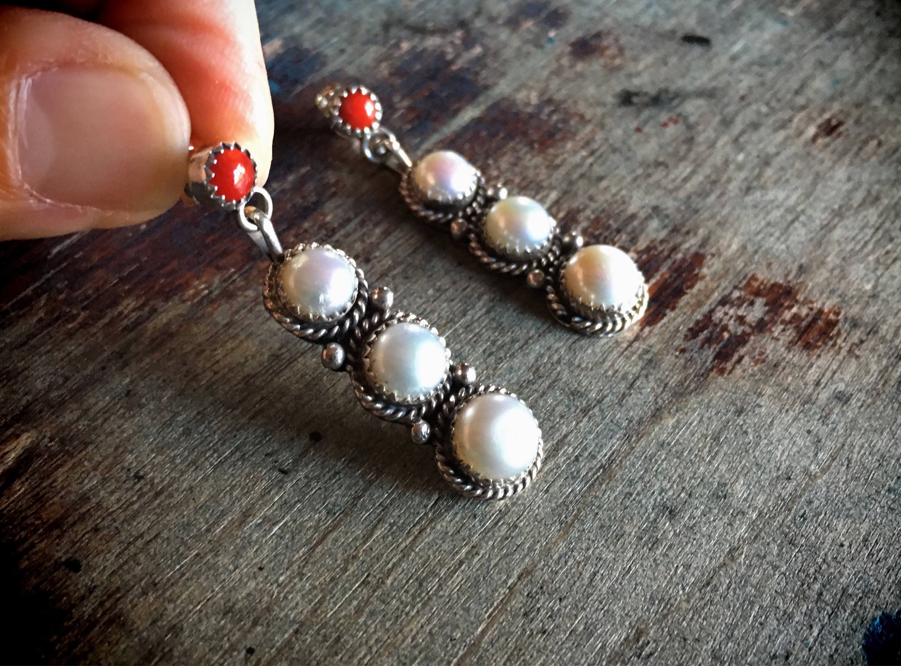 Pearl Earrings with Coral Native American Dangle Earrings, Red and ...