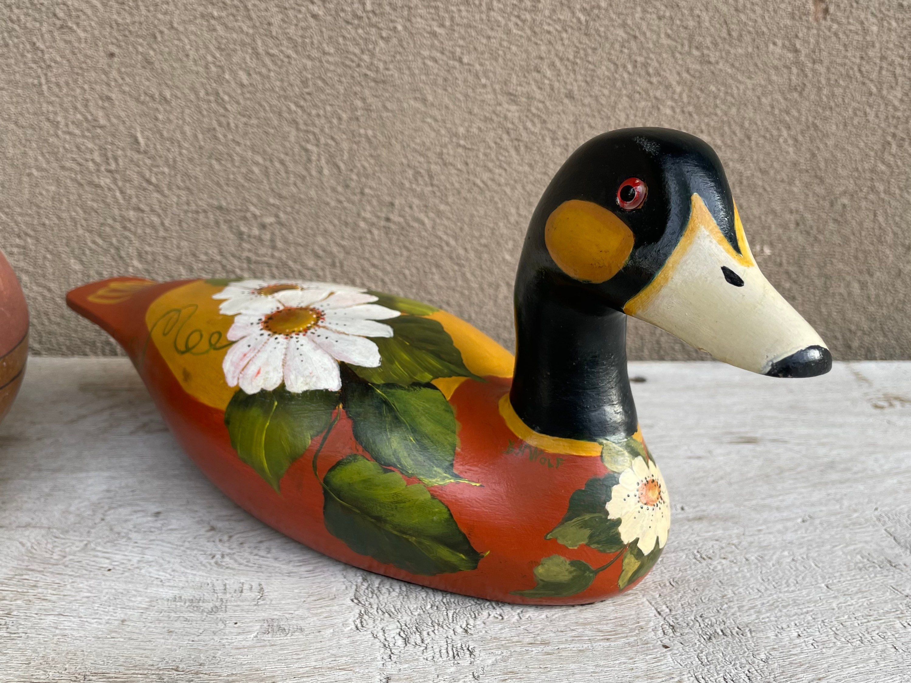 Painted Wood Carving of Duck Decoy with Glass Eyes, Primitive Tole Folk ...