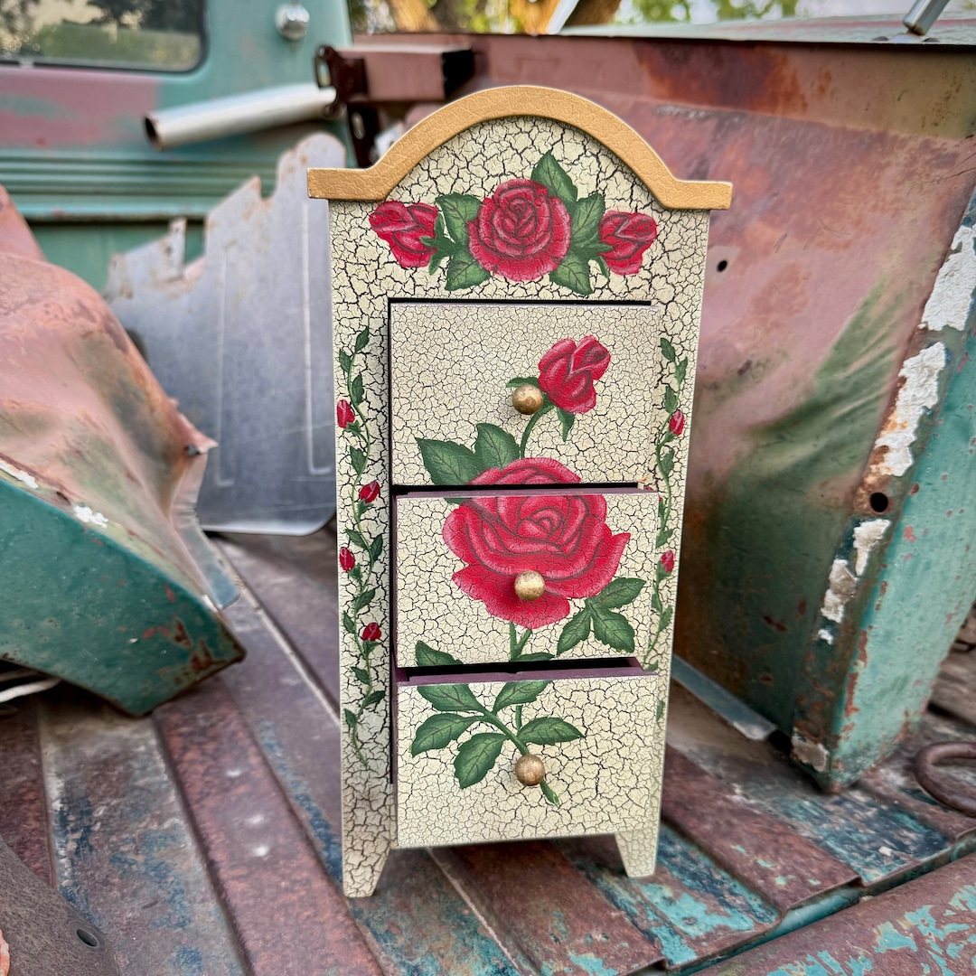 Vintage Hand-painted Wood Miniature Chest of Drawers, Crackled Style ...