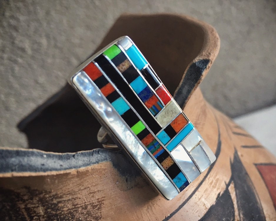 Channel Inlay Turquoise Ring Size 9.5 Multi Stone Sterling Silver Santo ...