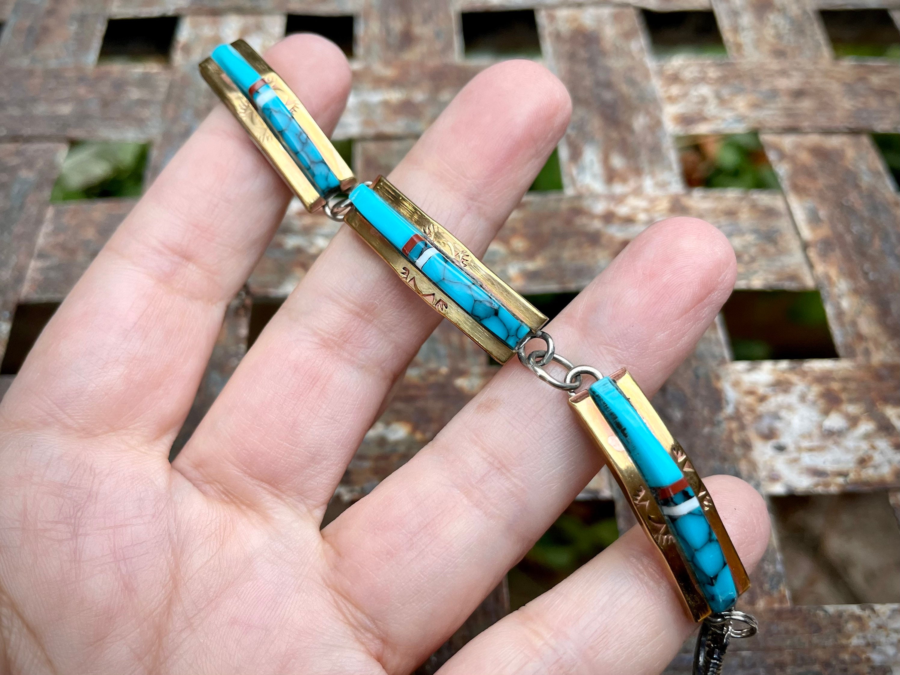 Sterling Silver Gold Tone Overlay Turquoise Panel Link Bracelet Navajo ...