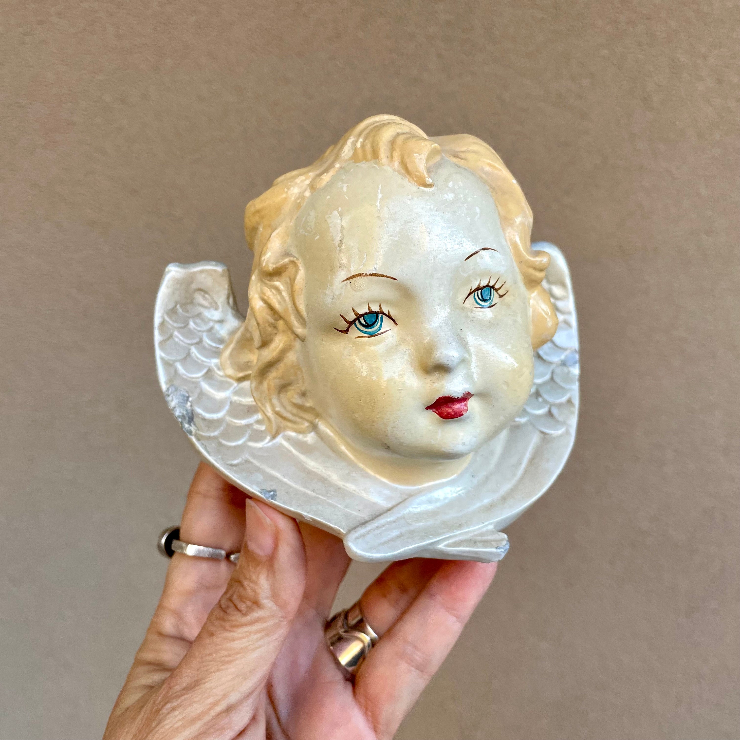 Vintage Distressed Plaster Ceramic Winged Angel Figurine Hand-Painted ...
