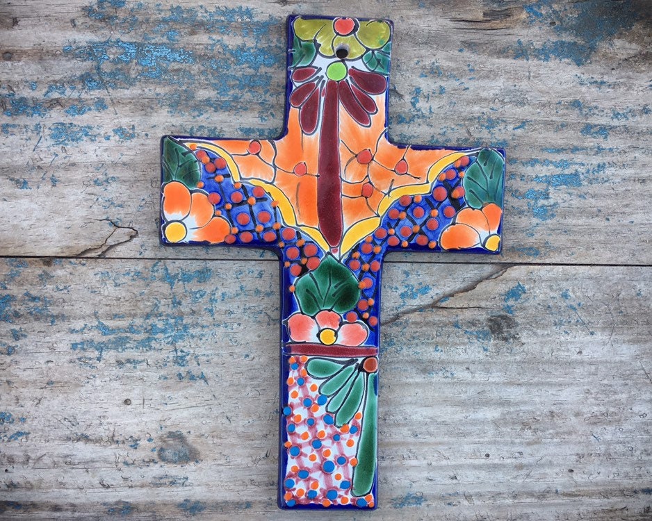 Vintage 8 x 11.5 Talavera Ceramic Cross Wall Hanging, Mexican Pottery ...
