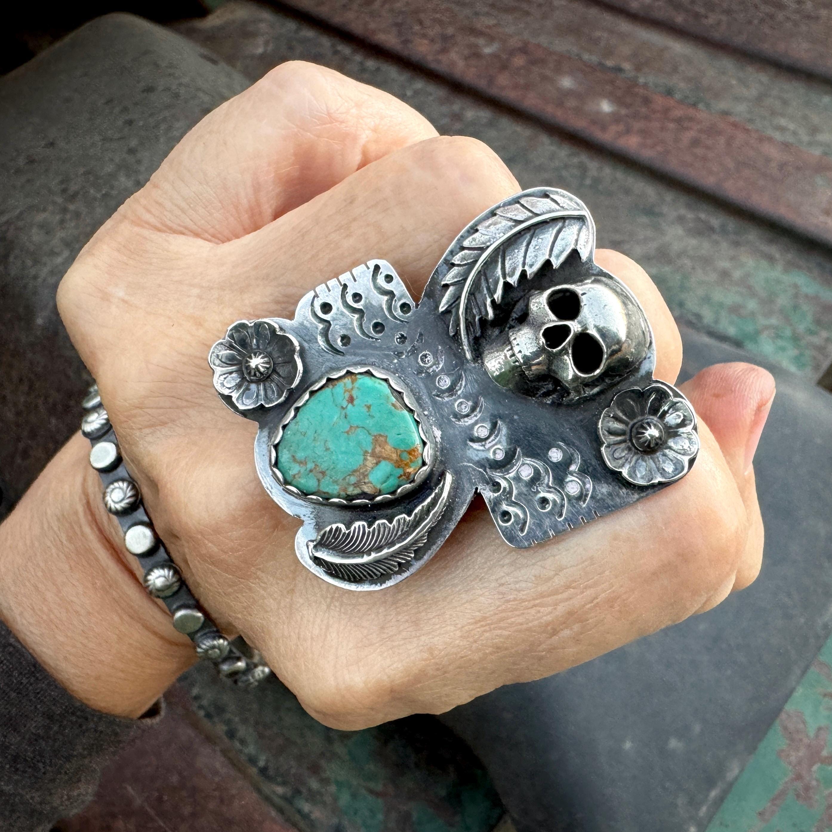 Large Boxy Sterling Silver Turquoise Skull Ring Size 8, Native American ...