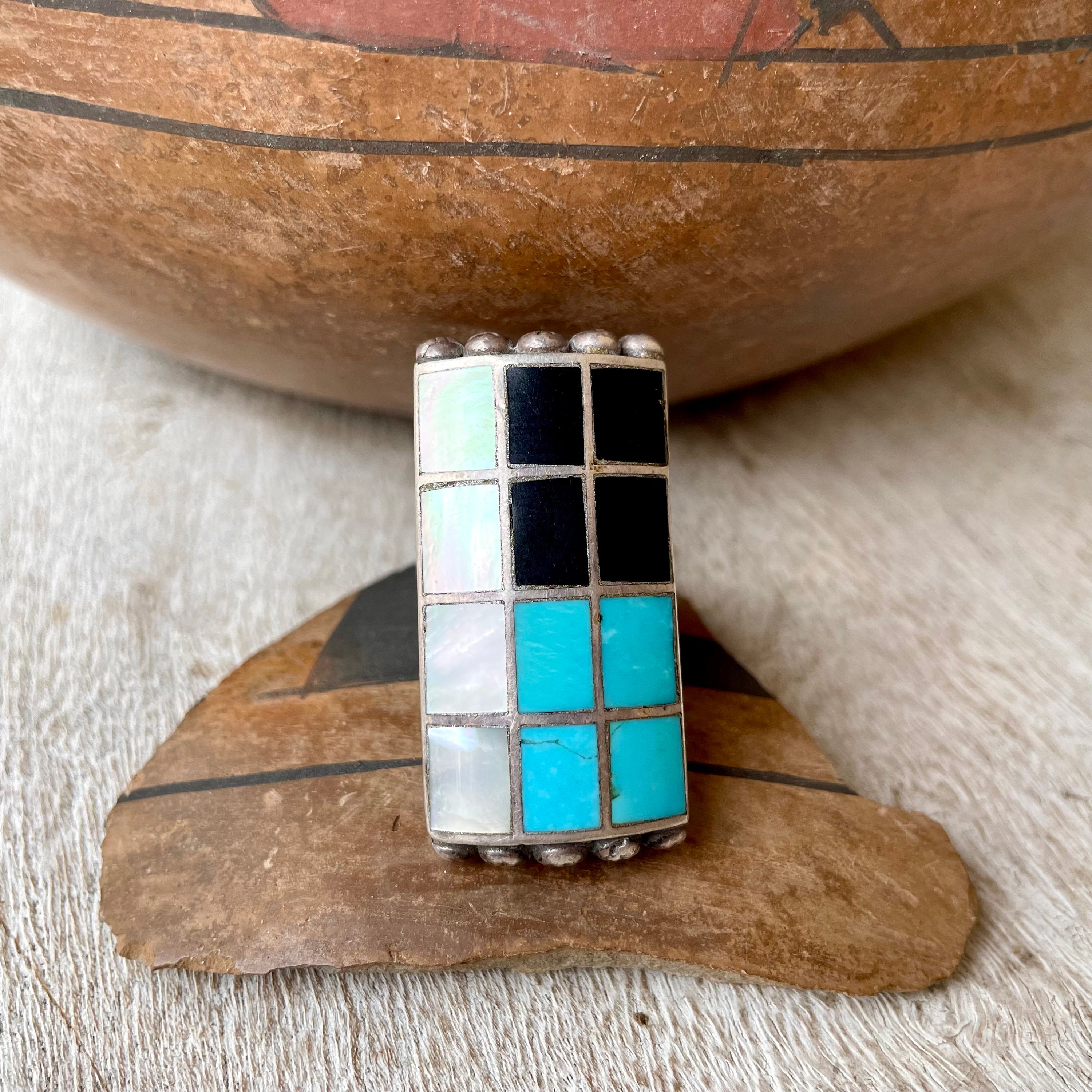 Vintage Heavy Turquoise Onyx Mother of Pearl Channel Inlay Vintage Heavy Turquoise Onyx Mother of Pearl Channel Inlay