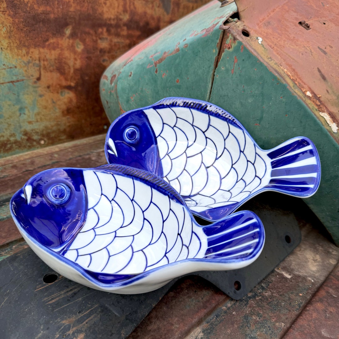 Two Vintage Dansk Arabesque Ceramic Fish Bowls or Deep Plates Blue ...