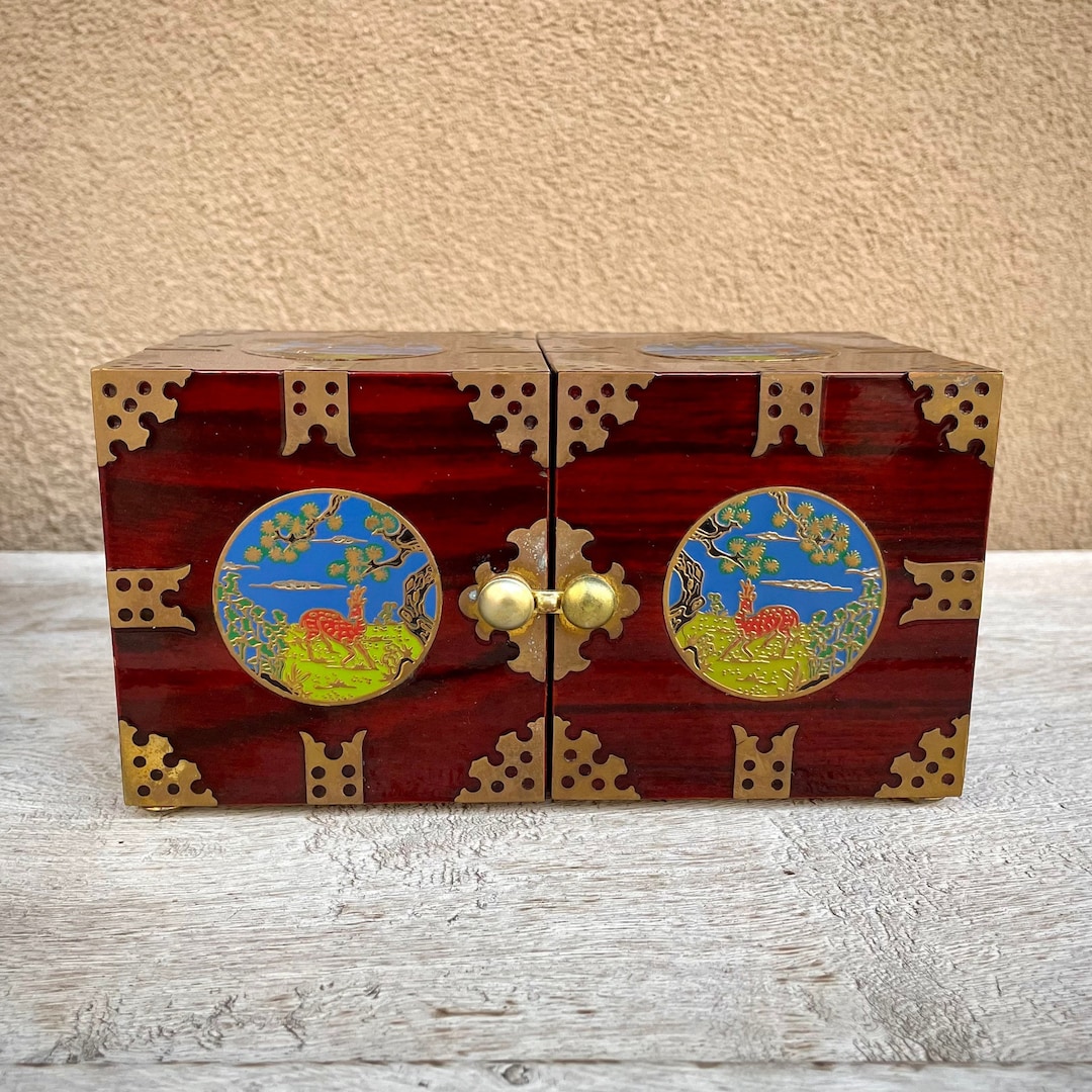 Medium Small Vintage Chinese Puzzle Box of Wood and Brass Metal, Four ...