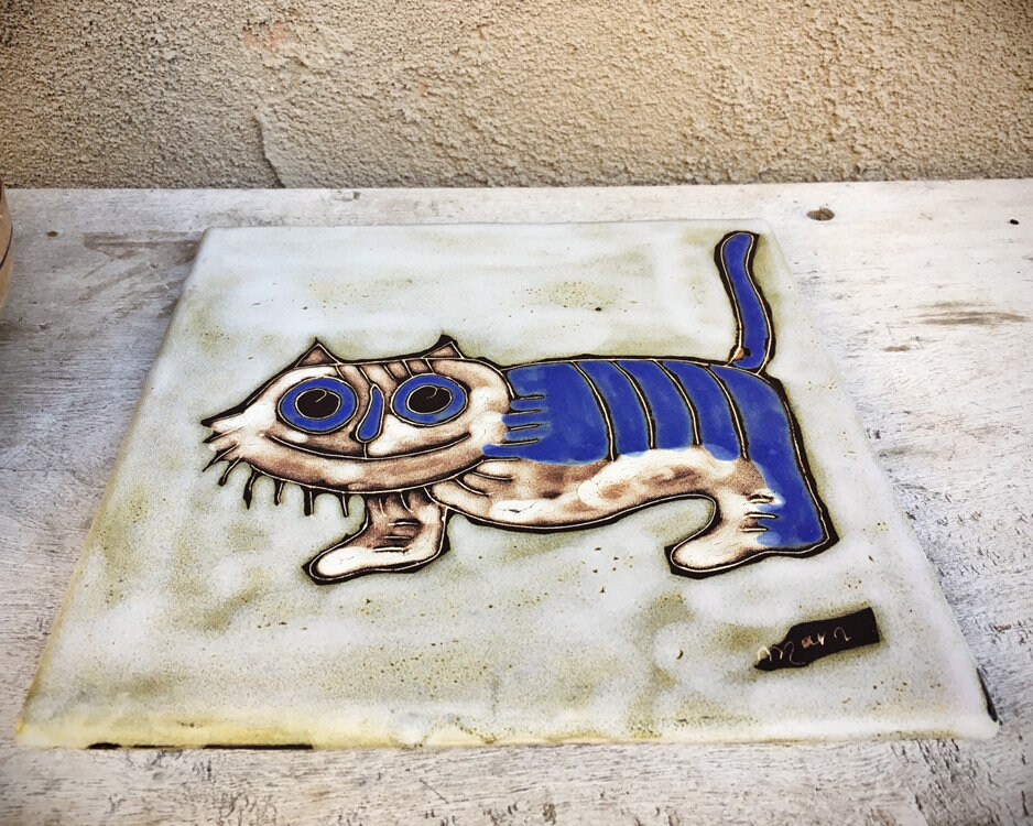 Vintage Ceramic Cat Tile Hot Plate Blue Decor, Southwestern Pottery ...