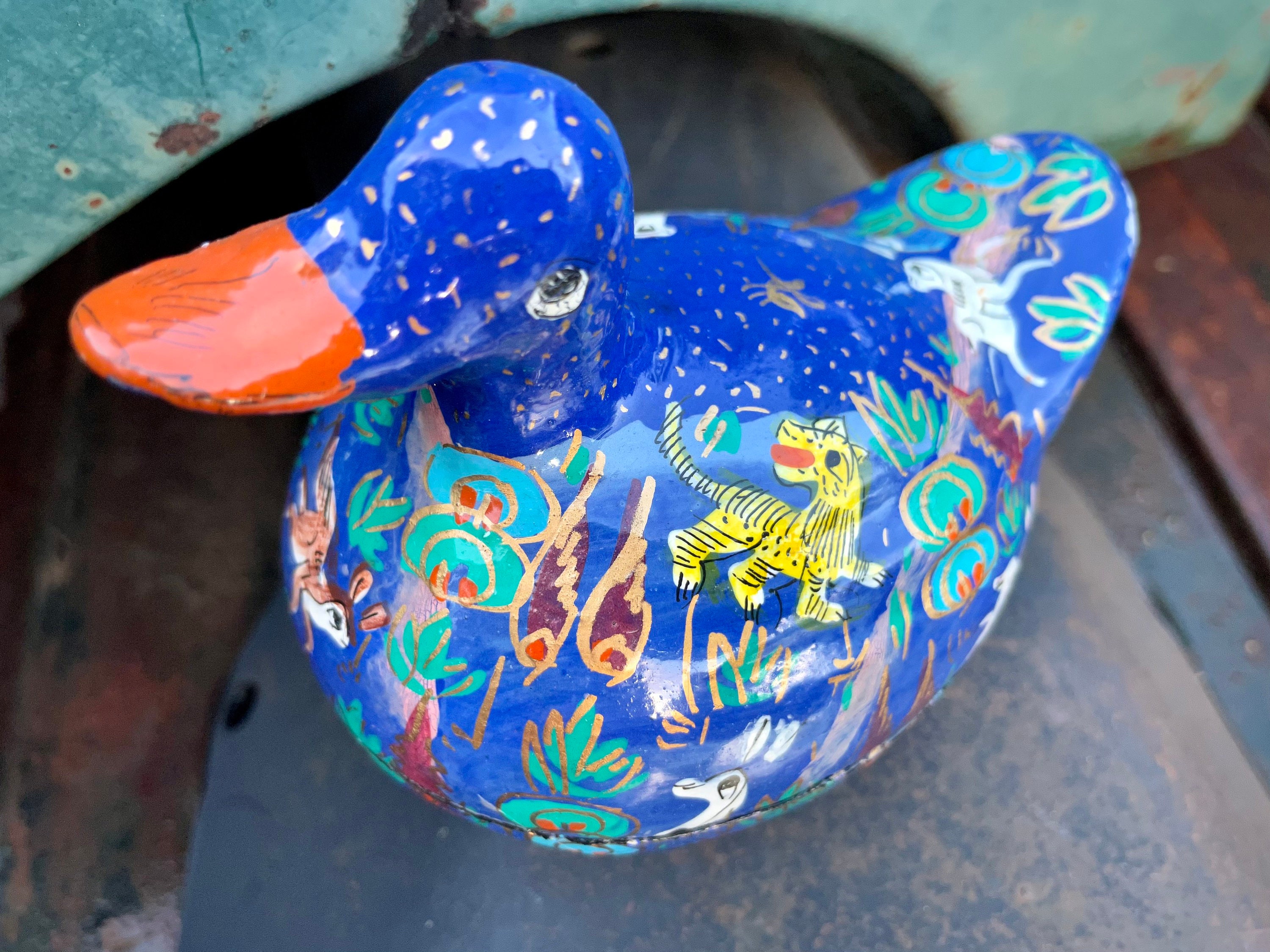 Vintage Colorful Blue Lacquer Painted Wood Box Duck Shape, Animal ...