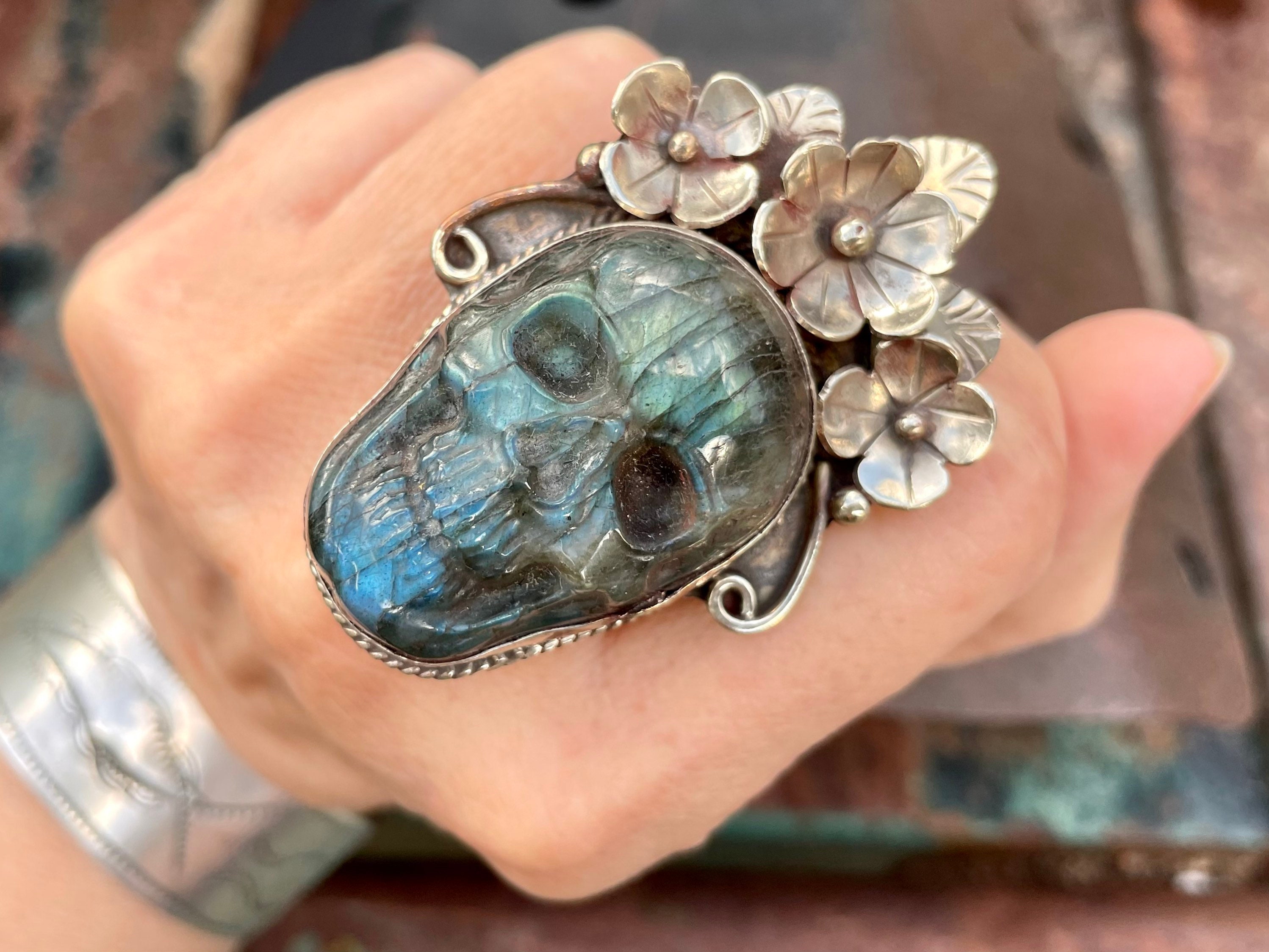 Carved Labradorite Skeleton Skull Ring in Silver Plated Bezel, Day of ...
