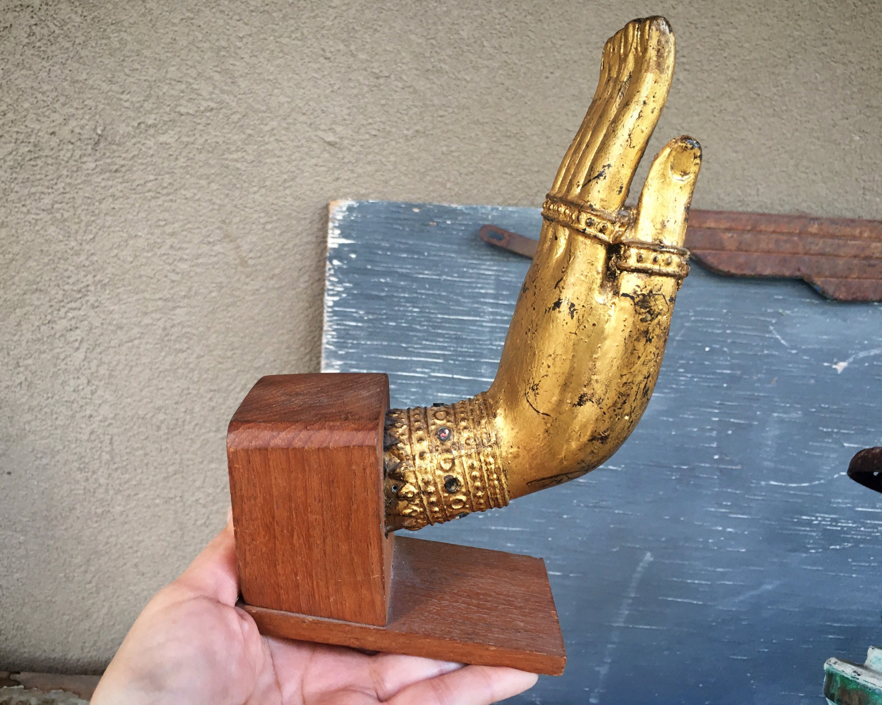 Cast Metal Hand Statue Gilt and Bejeweled Mounted on Hardwood Stand ...