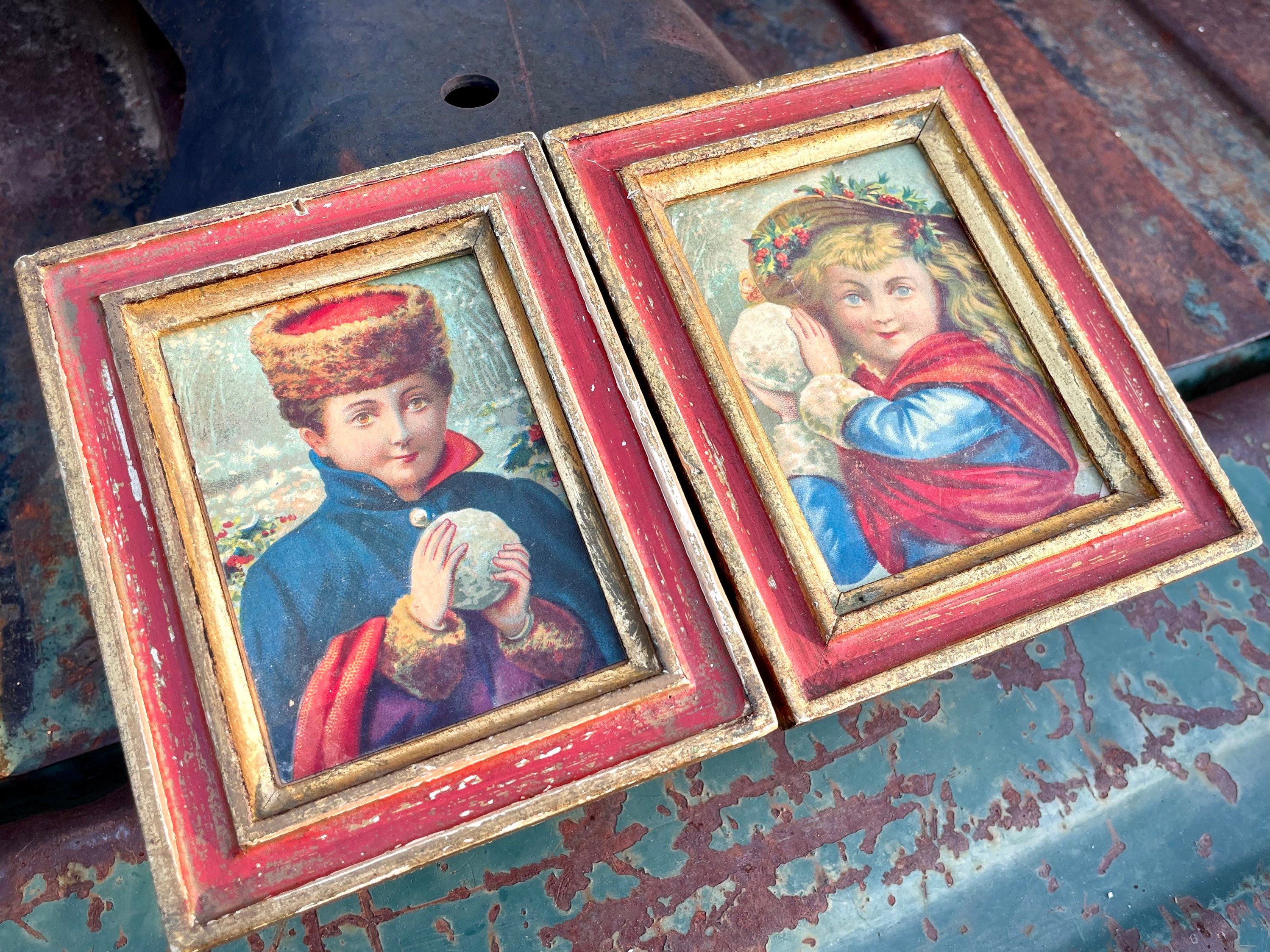 Small Vintage Framed Victorian Prints of Boy and Girl Holding Snowballs ...
