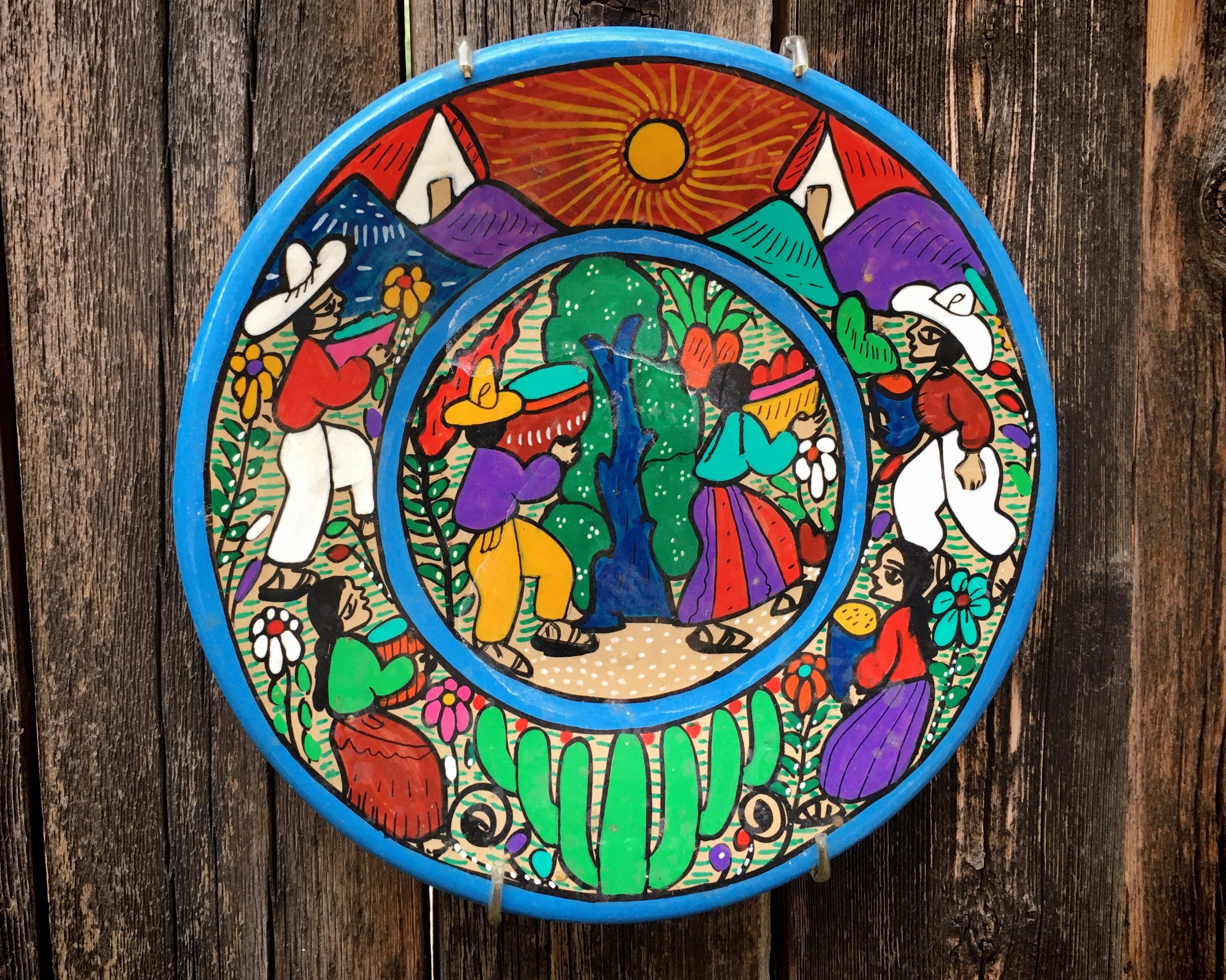 Mexican Folk Art Small Decorative Pottery Plate With Wire Hanger