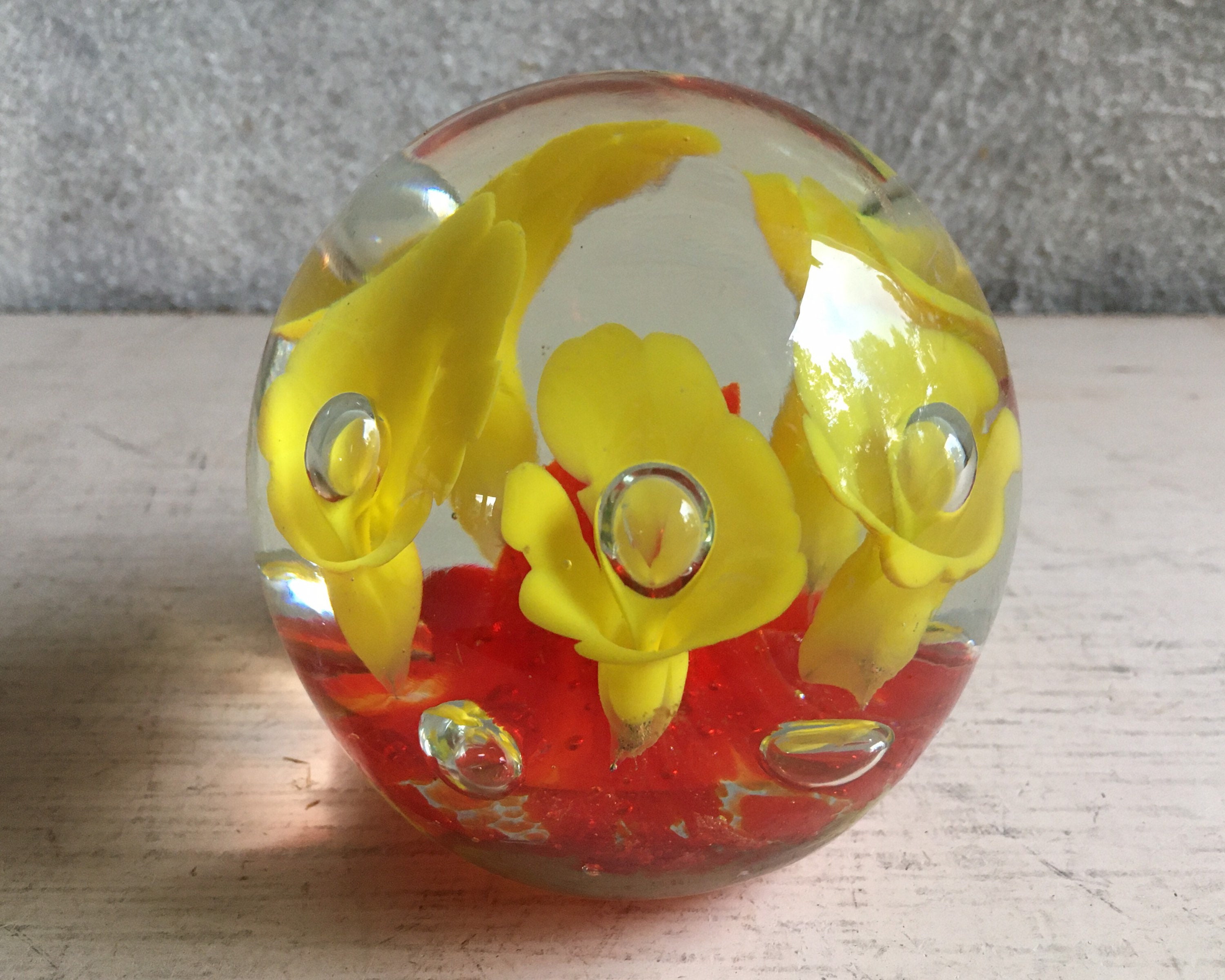 Vintage St. Clair Art Glass Paperweight Yellow Flower Orange Background ...
