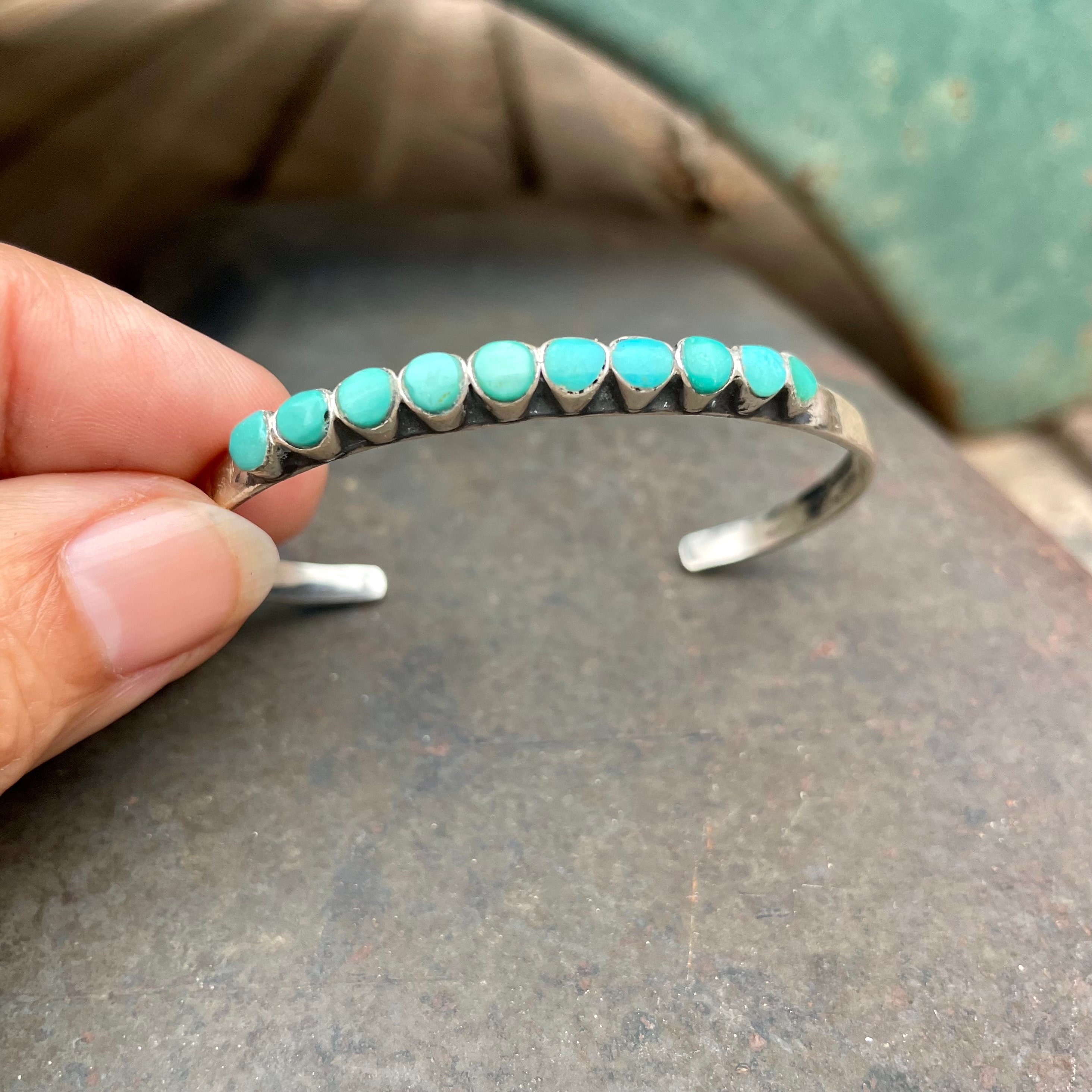Dainty Turquoise Inlay Silver Narrow Bracelet for Small Wrist, Zuni ...