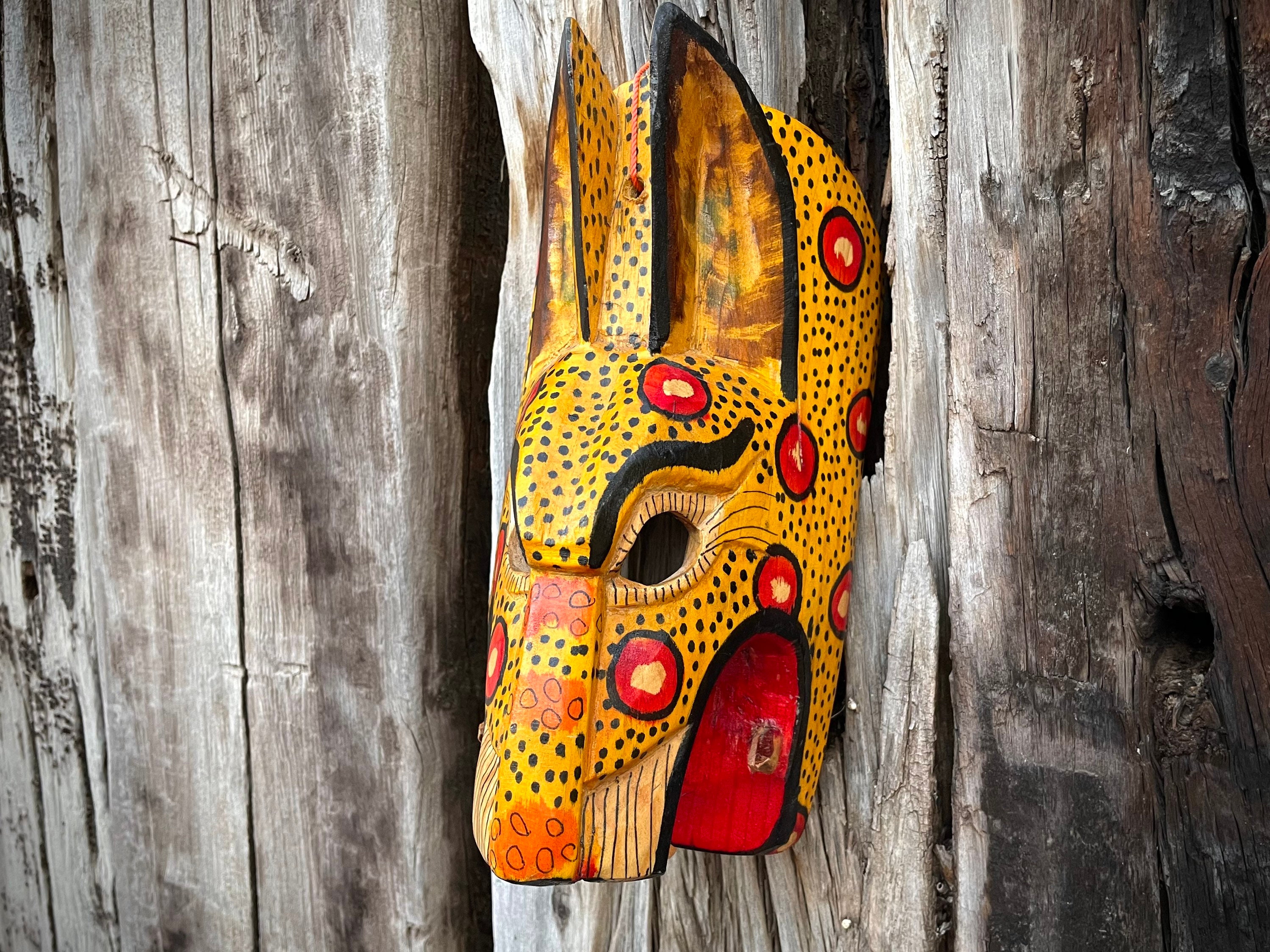 Carved Painted Vintage Mexican Wooden Mask of Jaguar Tigre, Mexico Folk ...