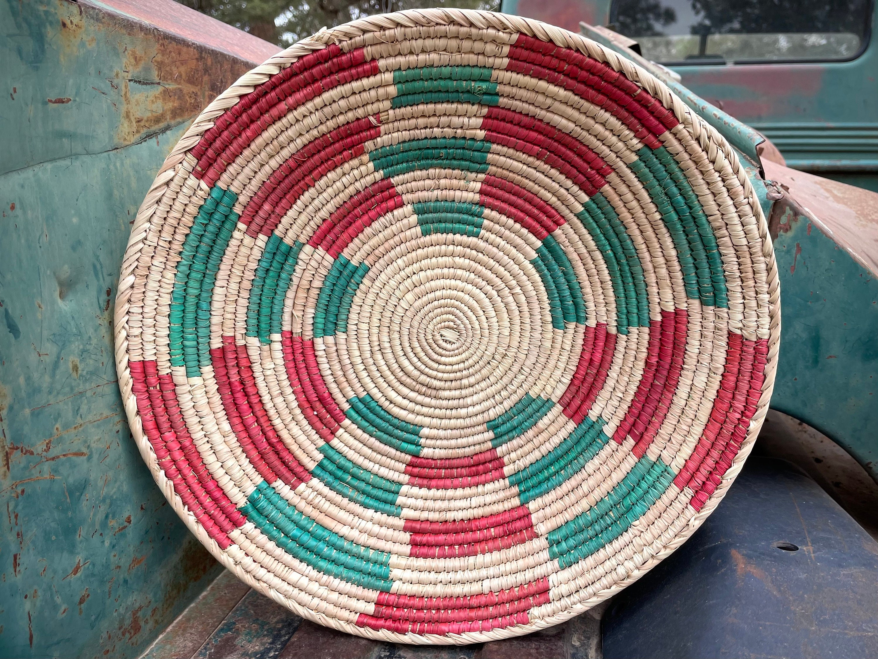 Coiled Basket Beige Teal Pink Wall Decor, Bohemian Eclectic ...