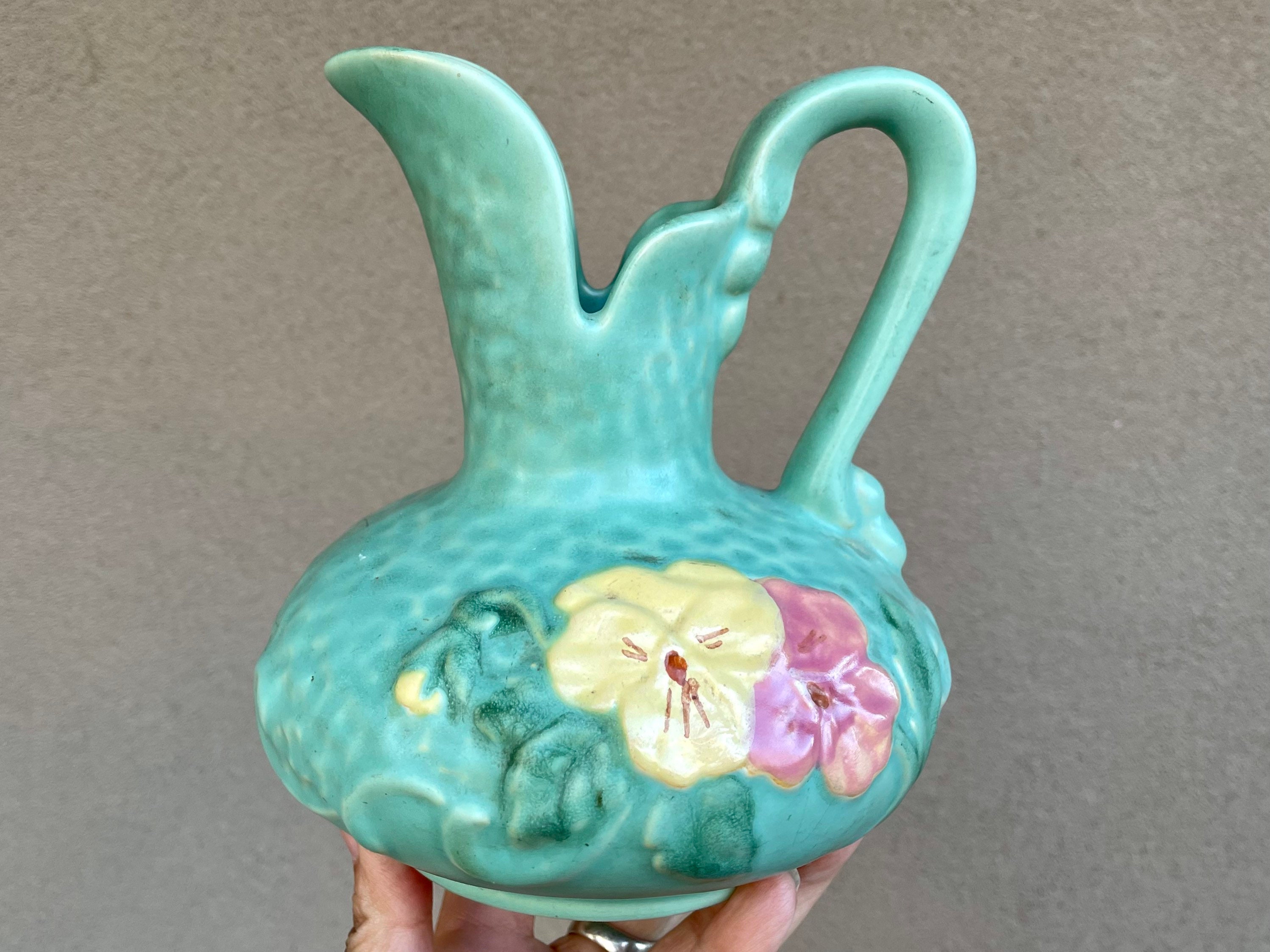 1930s Art Deco Weller Matte Green Delsa Pitcher Ewer with Yellow Pink ...