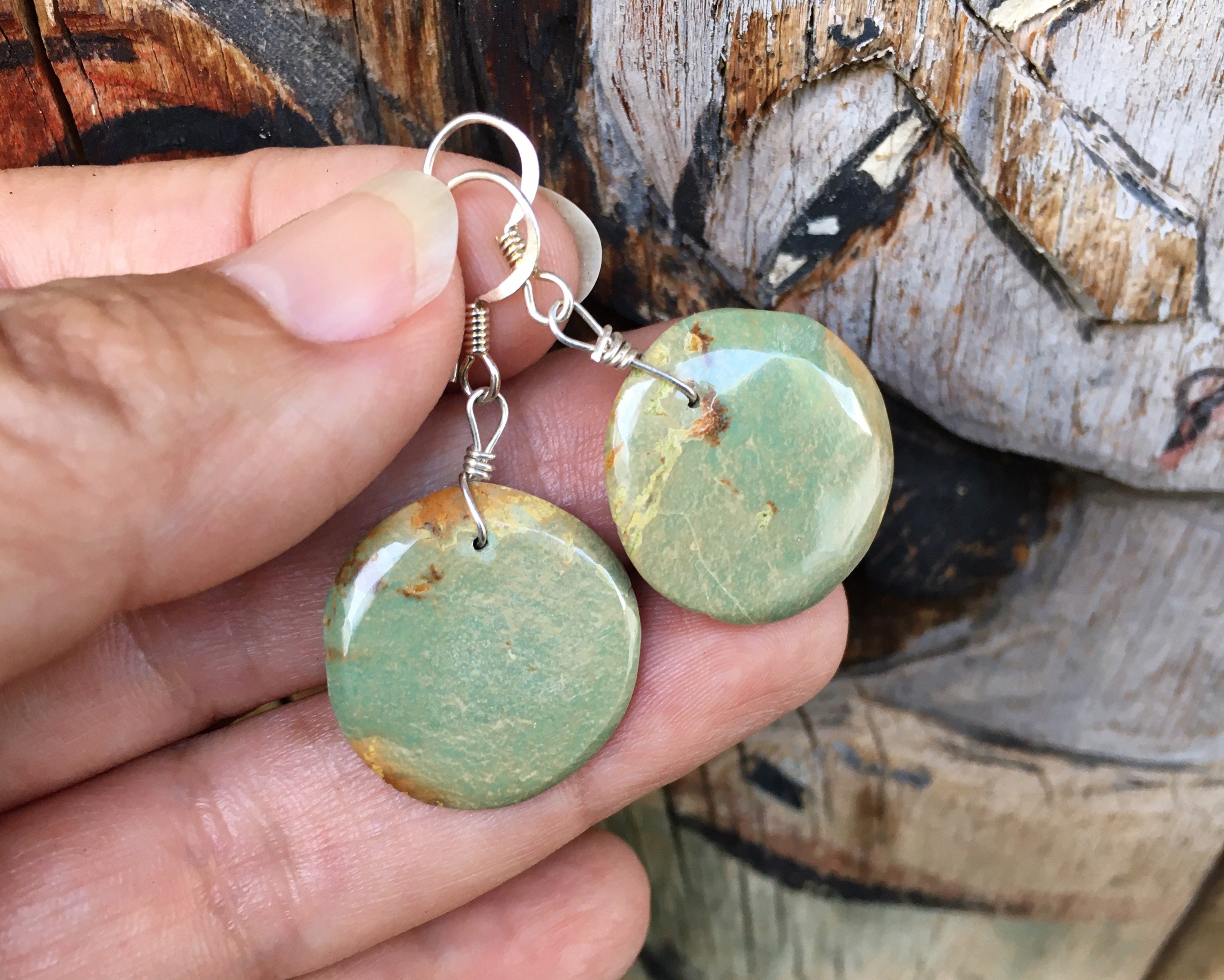 Green Turquoise Slab Earrings Round Medium-Small Size, Southwestern ...