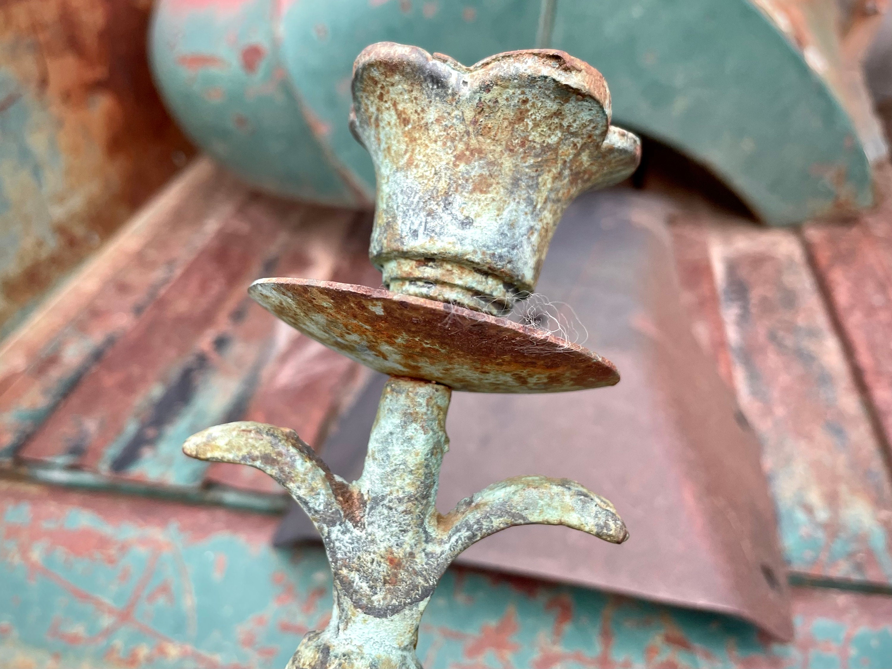 Single Vintage Verdigris Metal Flower Candlestick Candle Holder, Copper ...