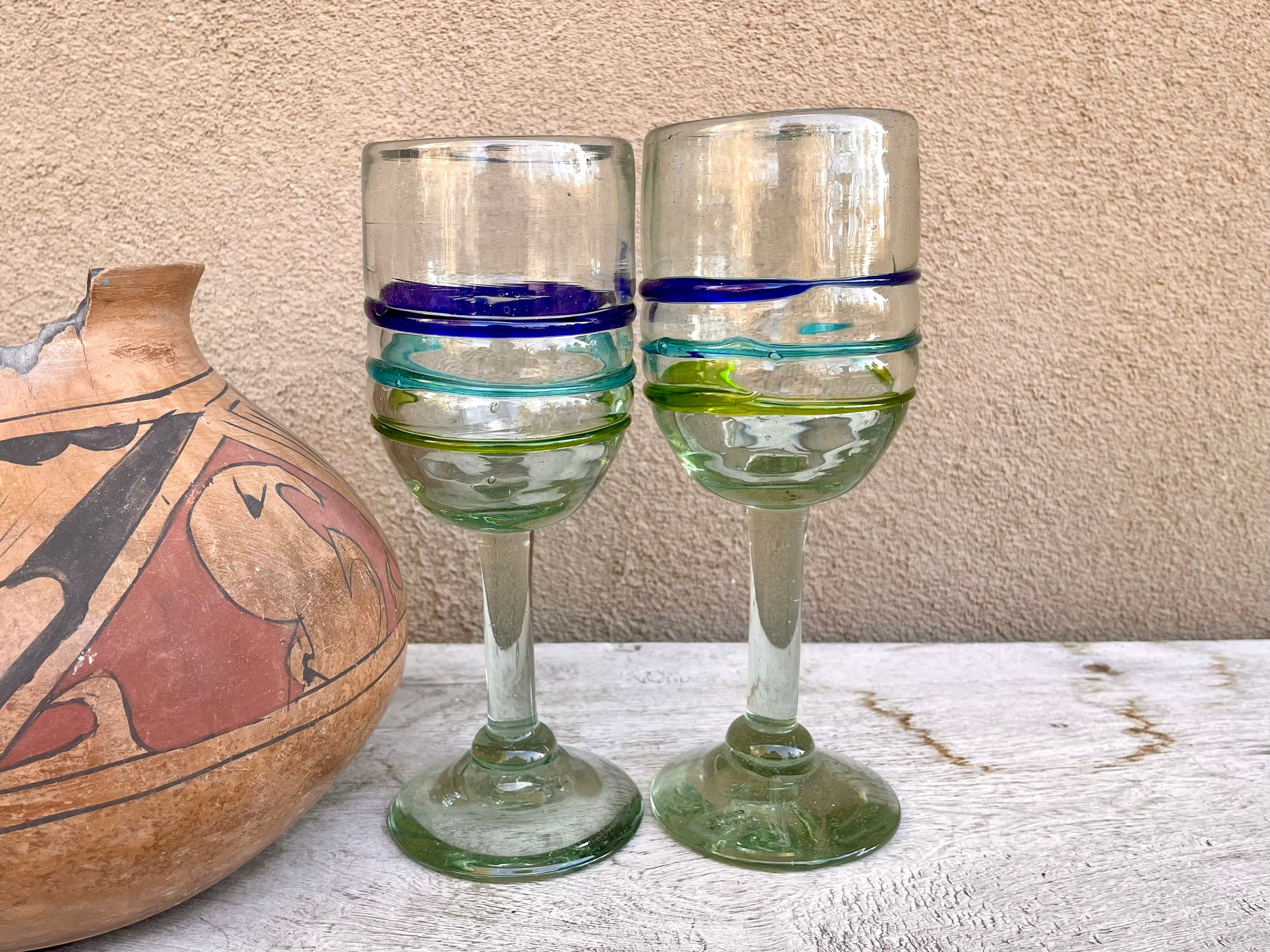 Two Mexican Blown Glass Margarita Goblets Swirl Design, Thick Hand Made ...