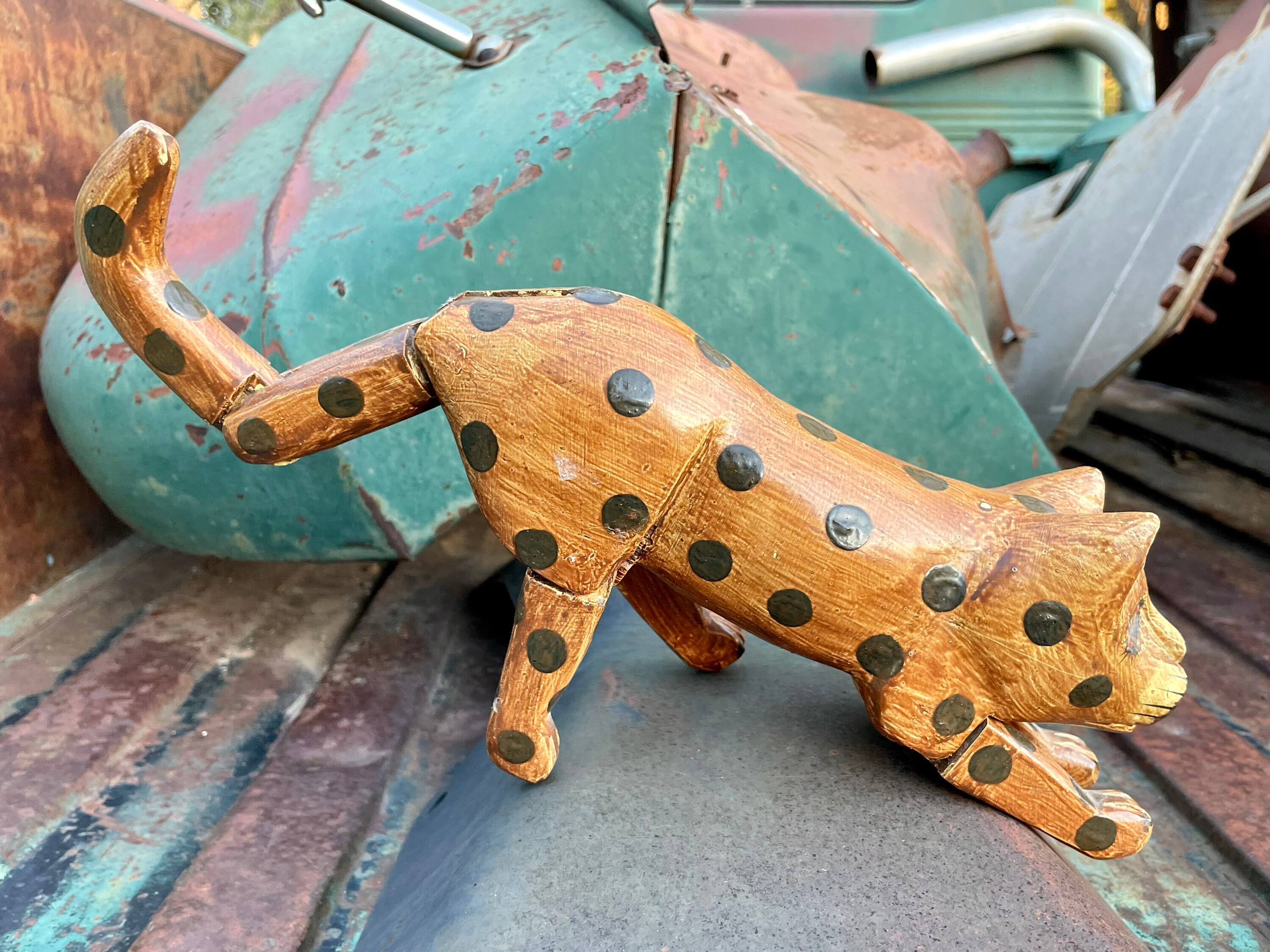 Vintage Spotted Cat Figurine with Movable Limbs, Carved Painted Folk ...
