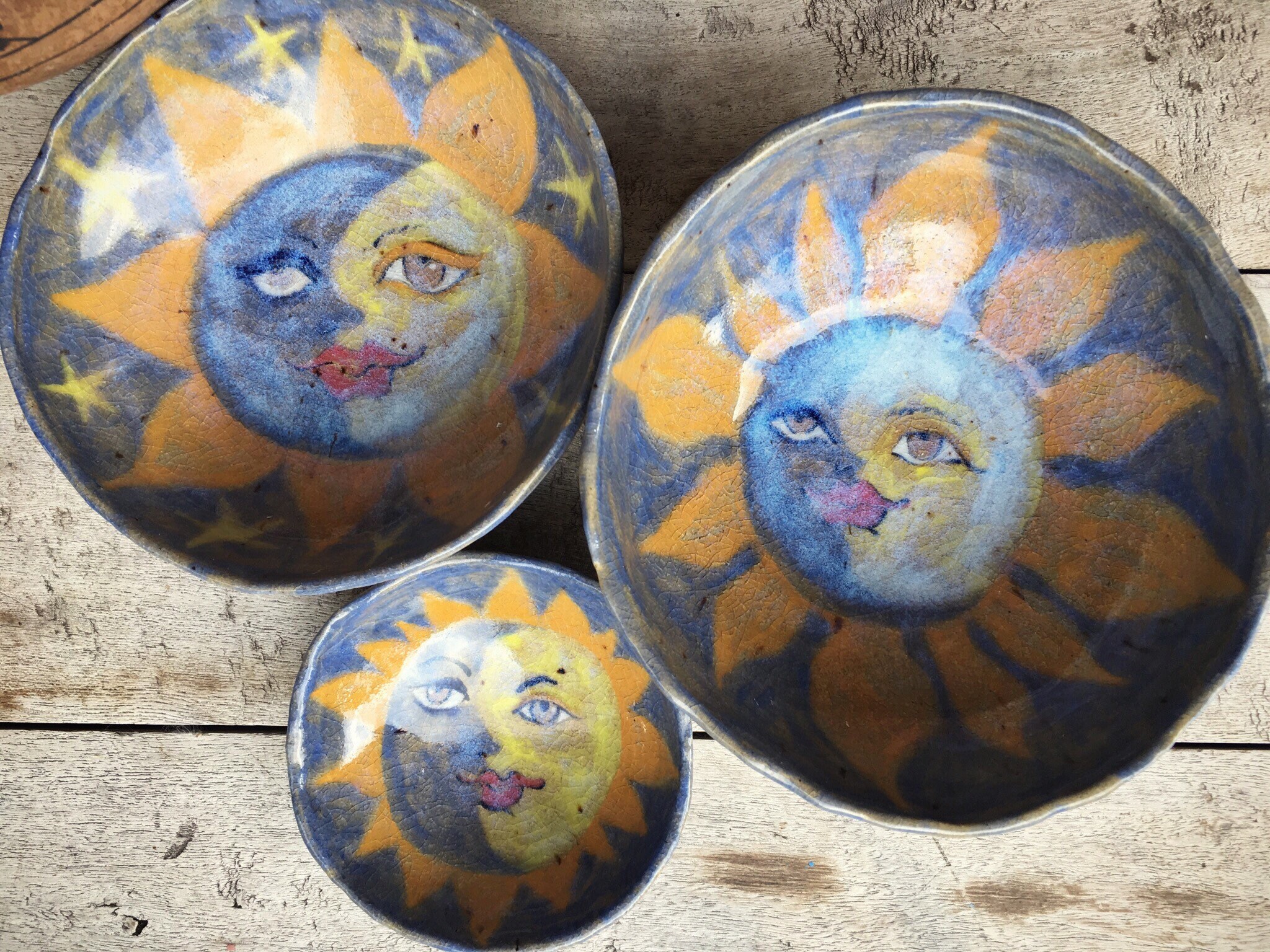 Sun Face Pottery Small Bowls Rustic Decor Mexican Folk Art, Yellow Blue ...