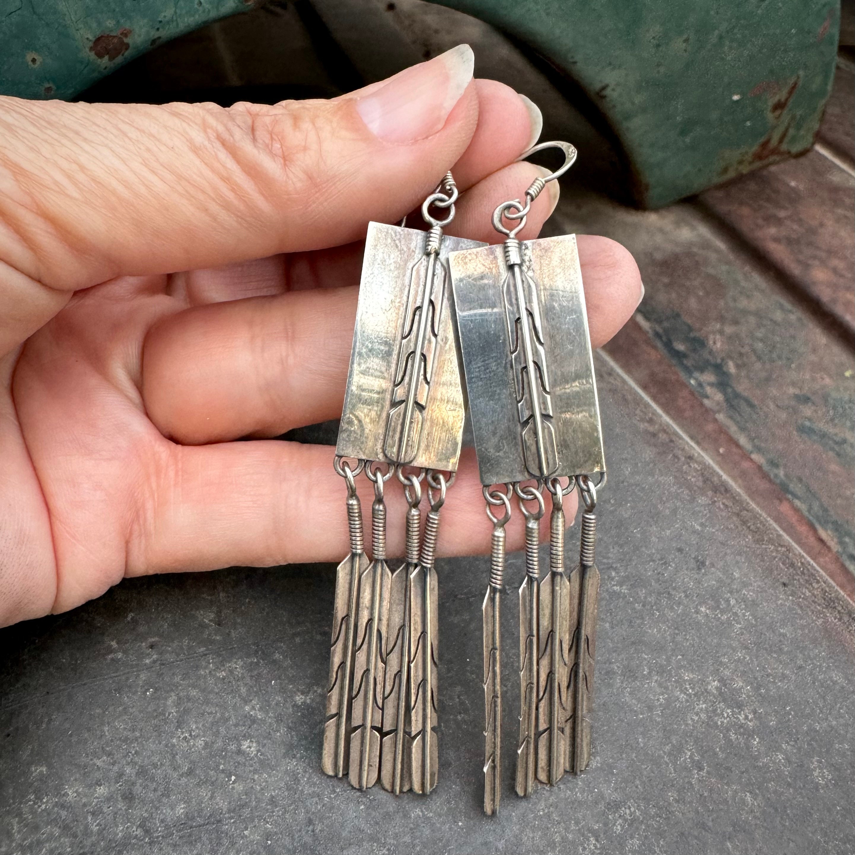 Vintage Sterling Silver Rectangle Earrings with Squared Feather Dangles ...