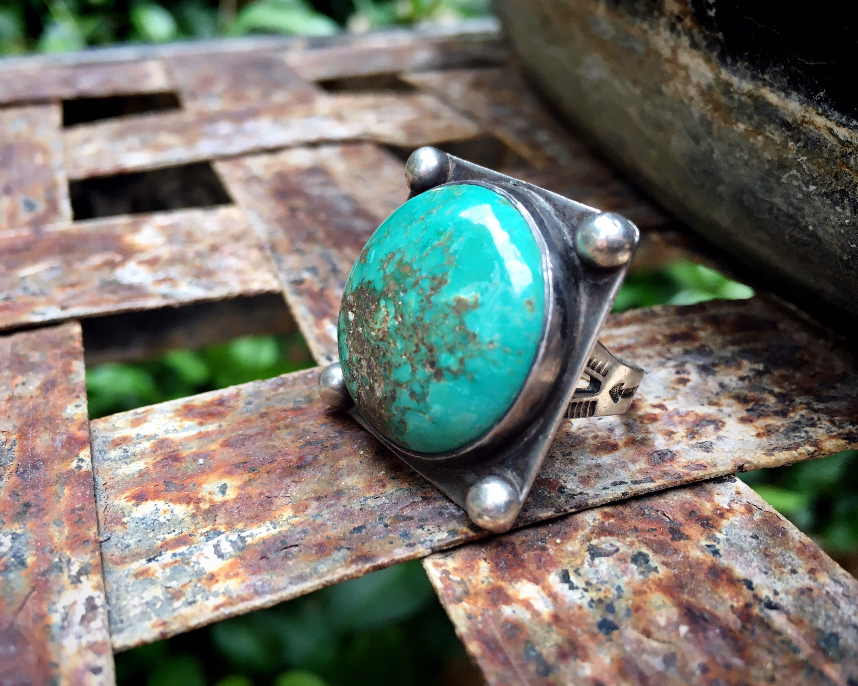Modernist 1930s Natural Turquoise Stone Ring on Square Silver ...