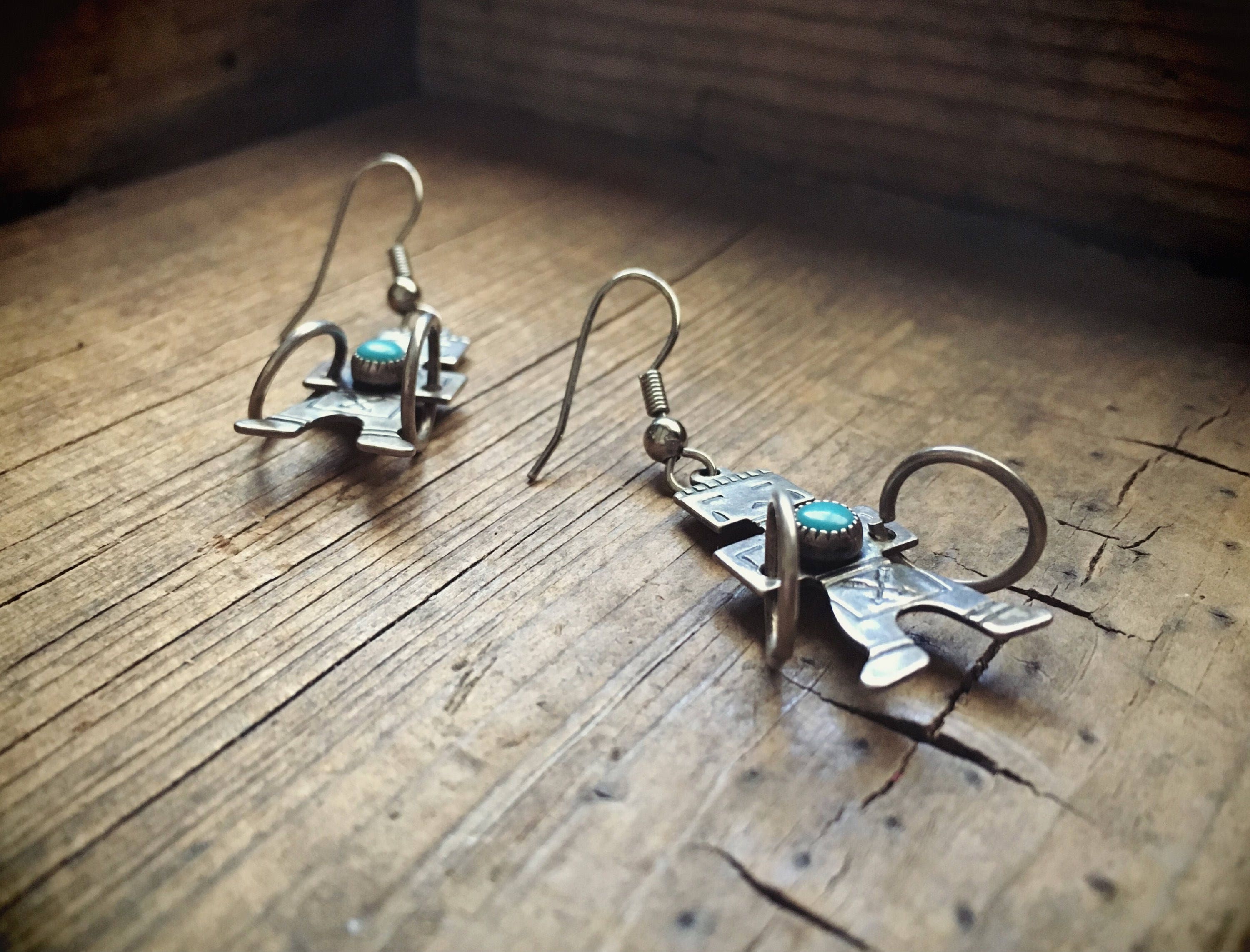 Fred Harvey Era Silver Turquoise Earrings Yei Symbol, Kachina Jewelry ...