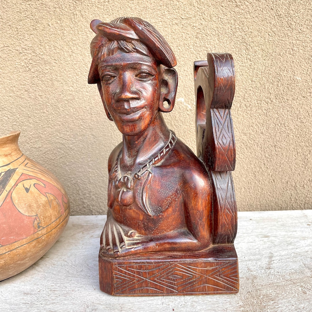 Vintage Solid Wood Single Bookend Carved Face Bust Igorot, Bohemian ...