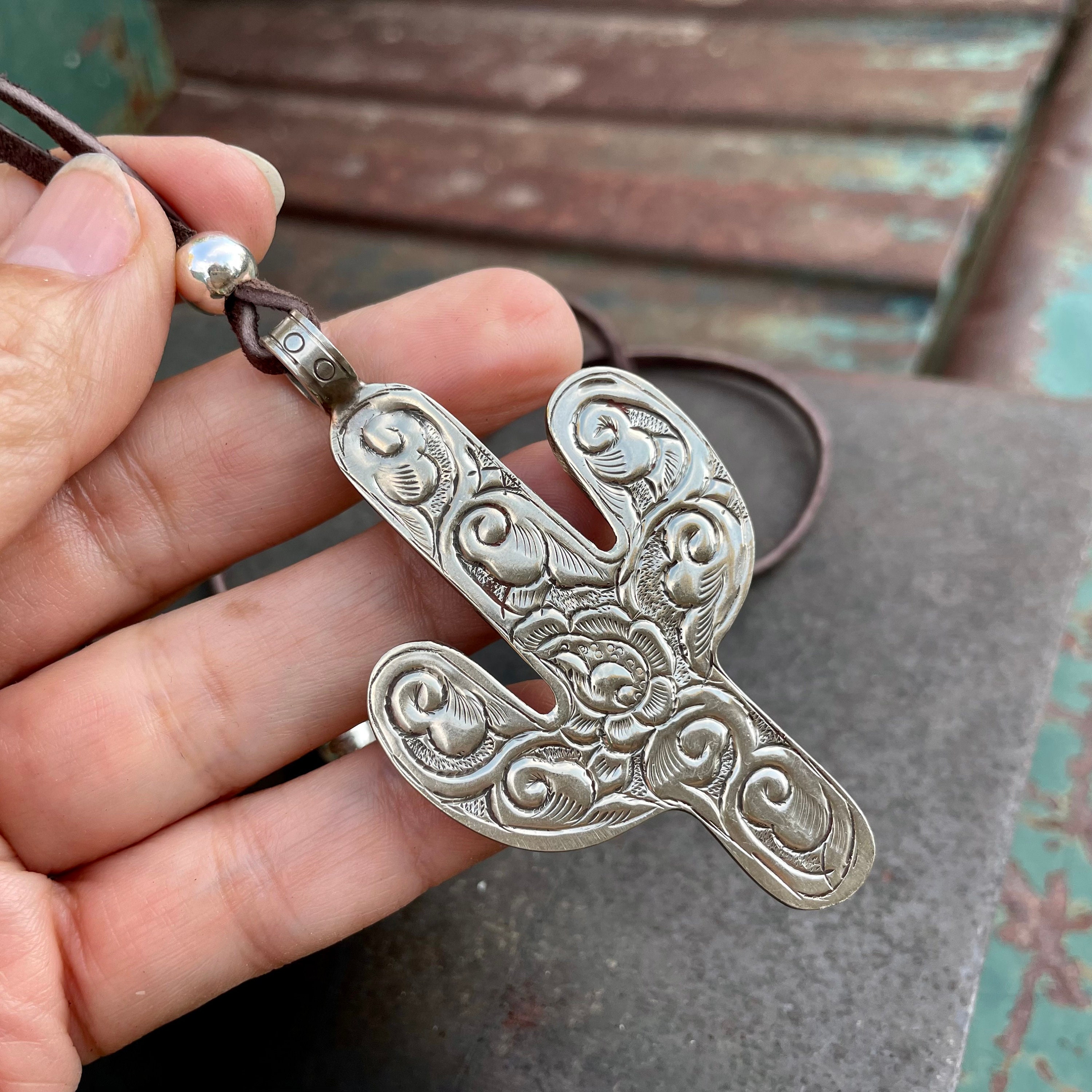 Large Tibetan Turquoise Cactus Cluster Pendant on Leather Strap Chain ...