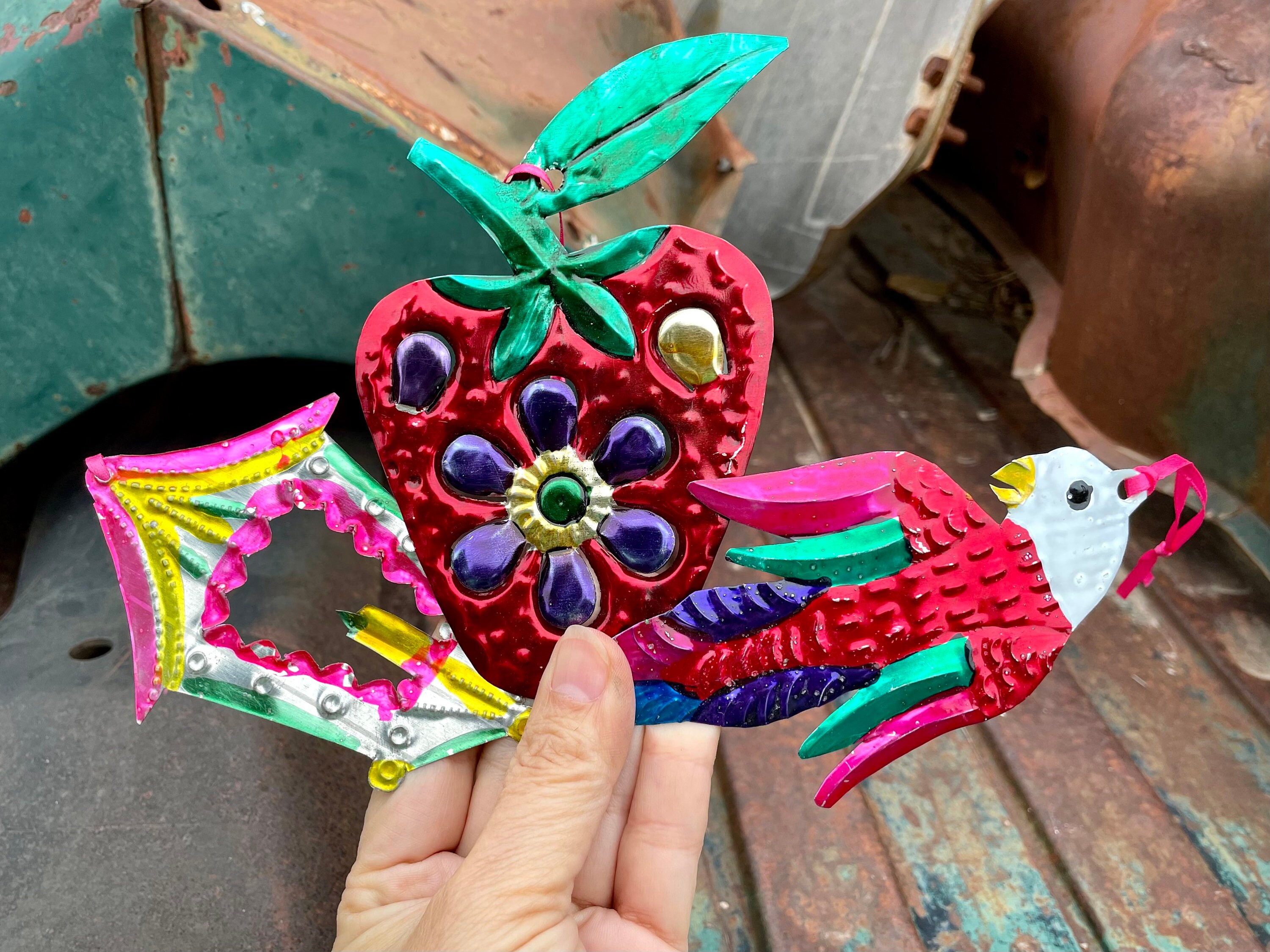 Three Mexican Tin Ornaments for Christmas Tree, Holiday Decorations ...