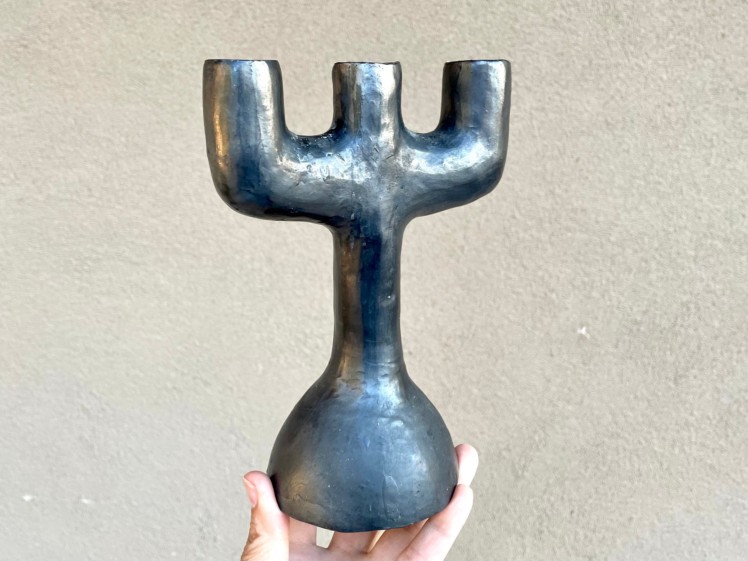 Vintage Barro Negro Three Candle Candelabram Oaxaca Mexico Black Clay ...